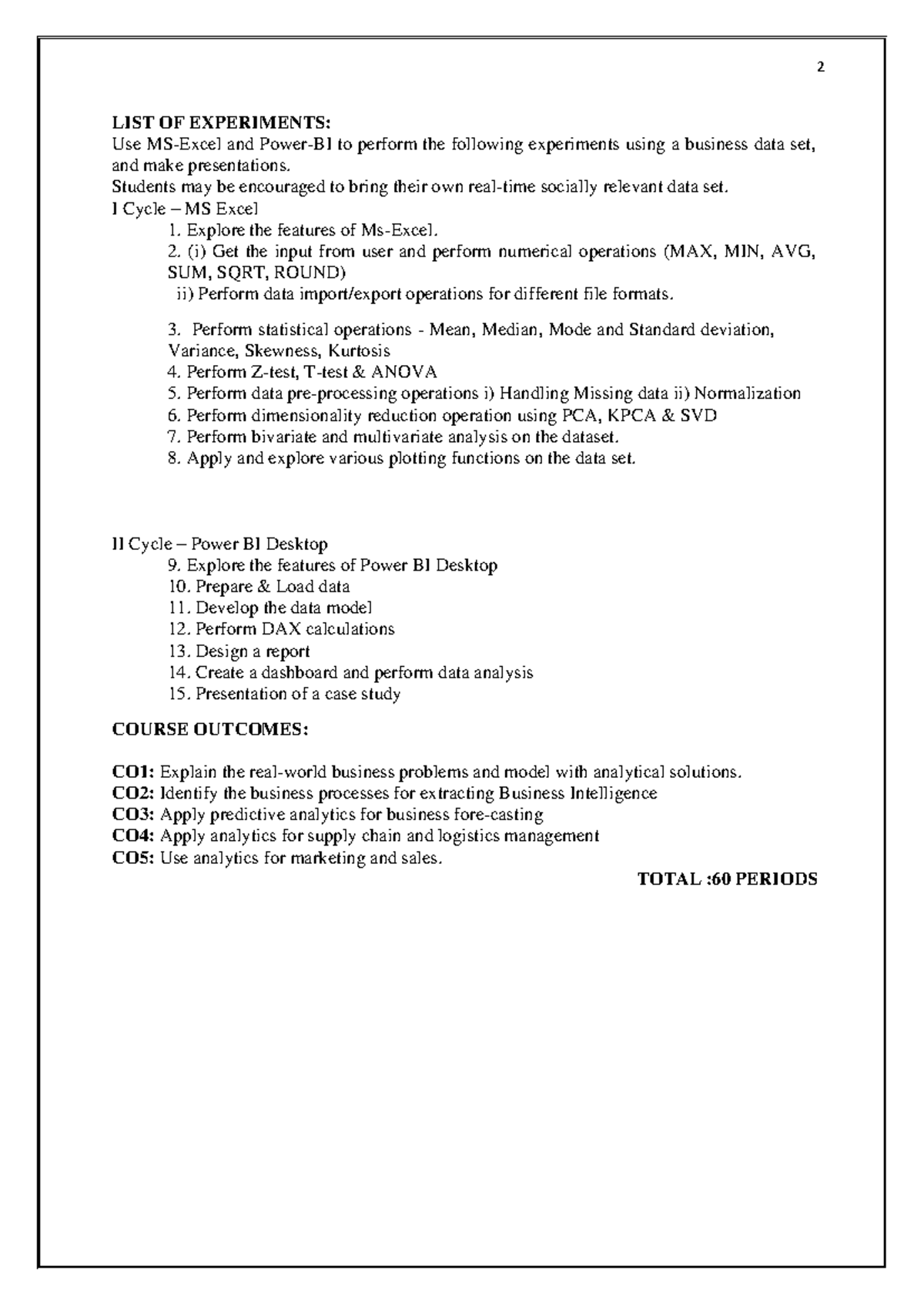 CCW331 Business Analytics LAB Manual - LIST OF EXPERIMENTS: Use MS-Excel and Power-BI to perform ...