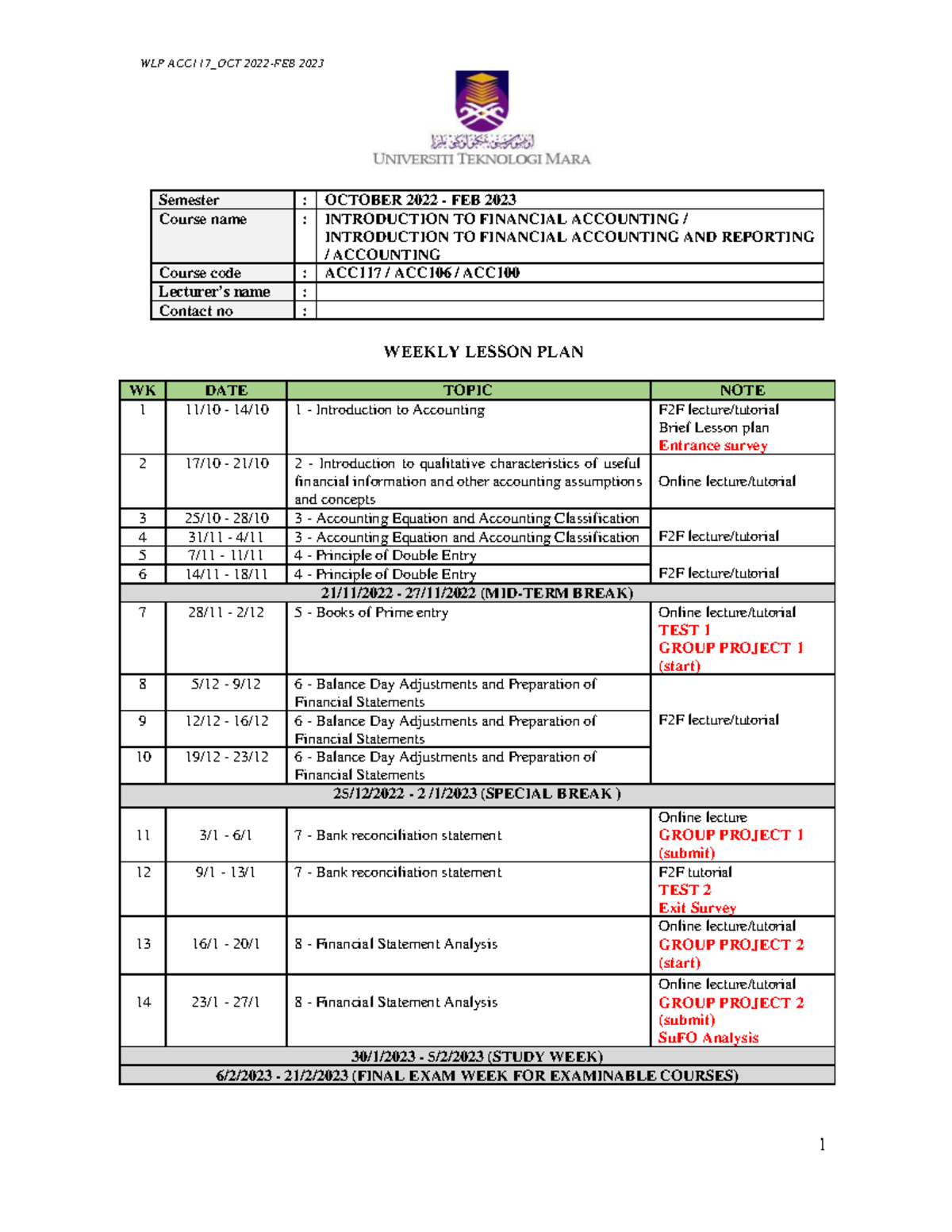 ACC117 Weekly Lesson Plan OCT 2022-MAR 2023 edited as at 11 Oct 2023 ...