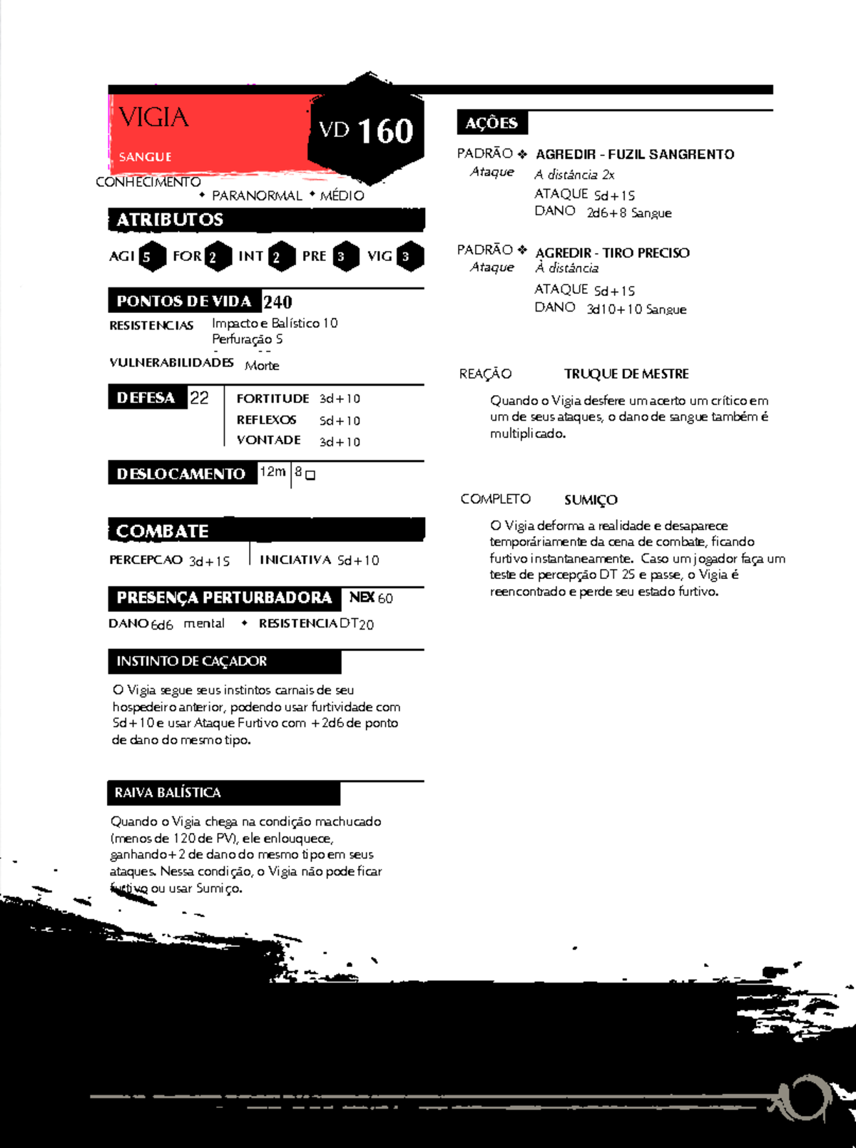 O Vigia - ficha rpg - DEFESA RESISTENCIAS PERCEPCAO AGI PONTOS DE VIDA ...