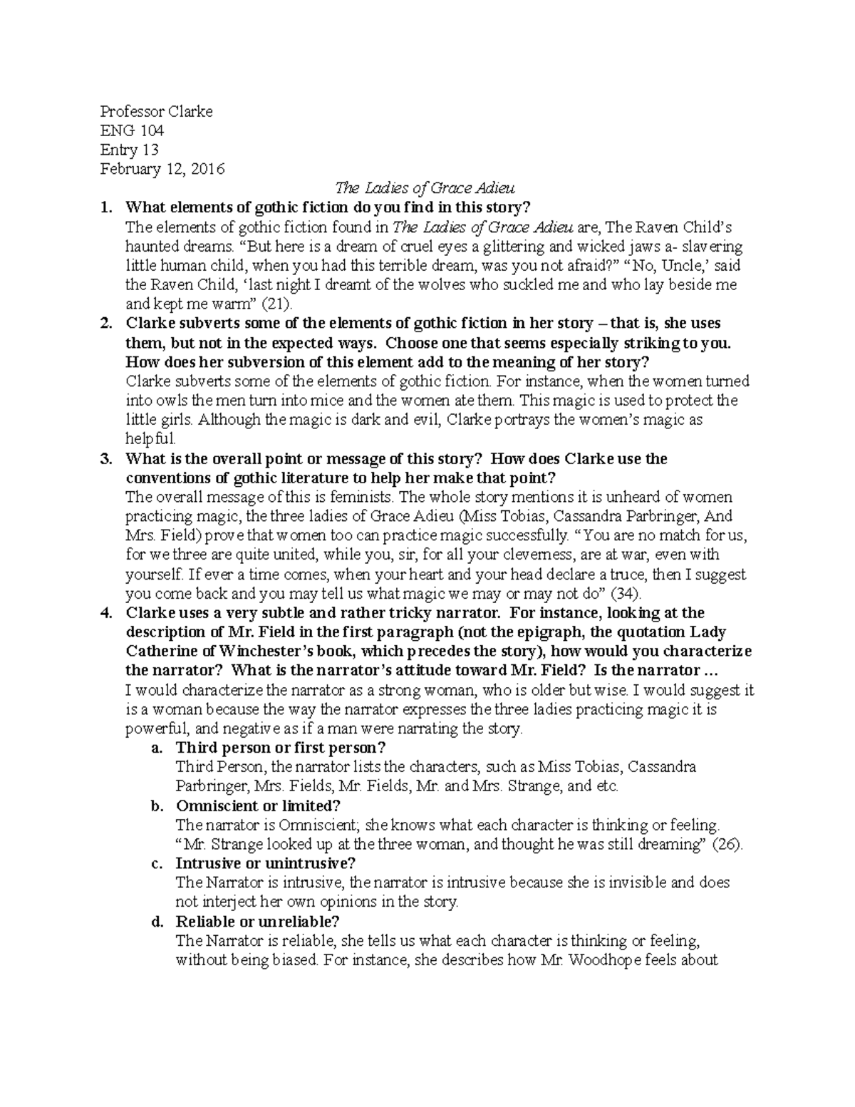 Entry 13 - english 104 - Professor Clarke ENG 104 Entry 13 February 12 ...