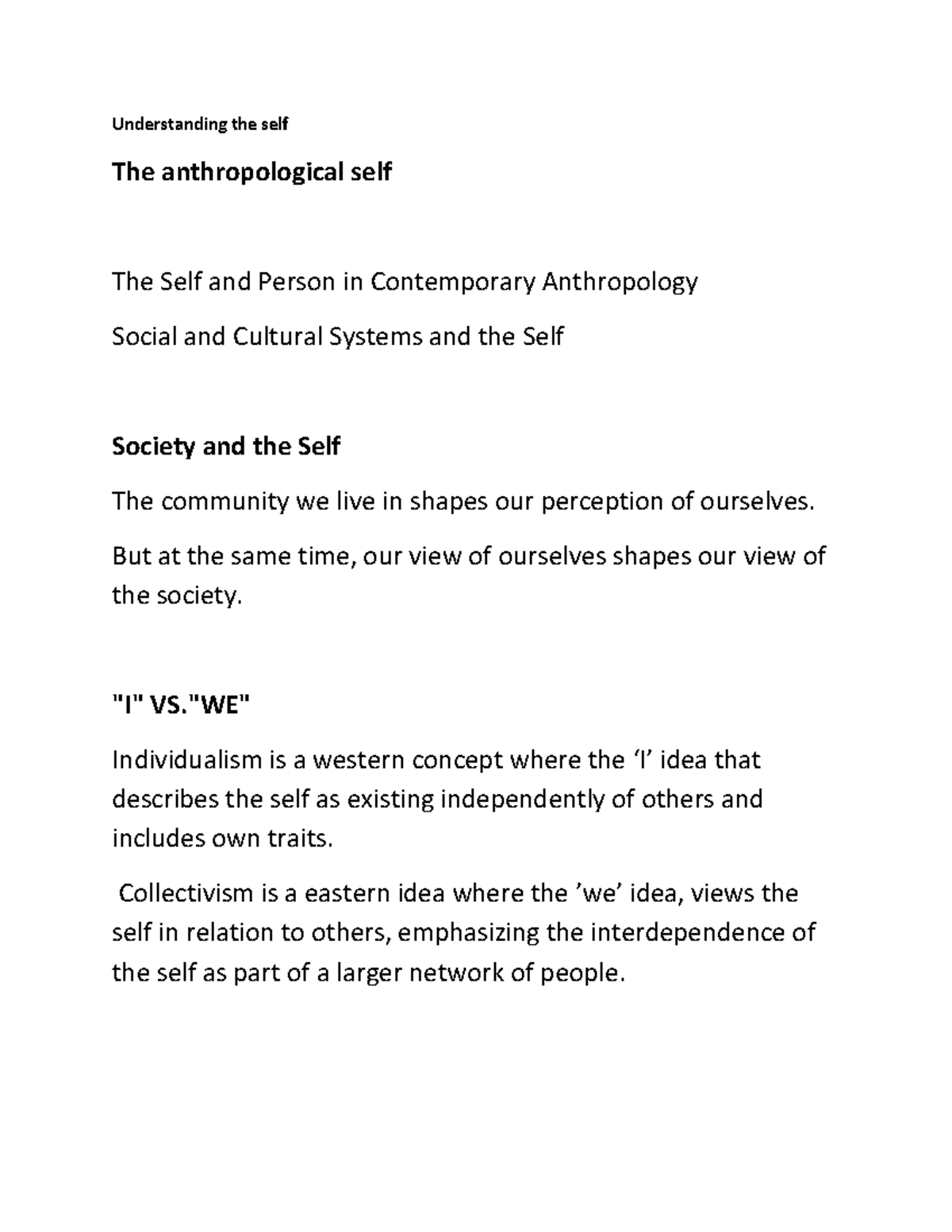 The anthropological self - Understanding the Self - Studocu