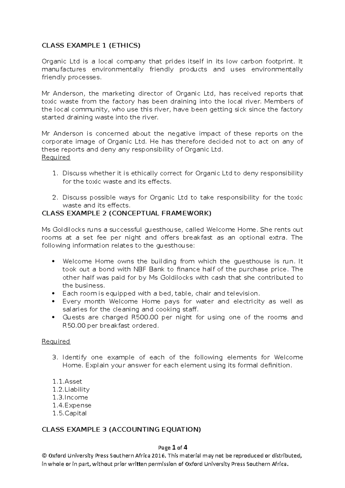 Class Examples Ethics, Conceptual Framework, Accounting Equation AND ...