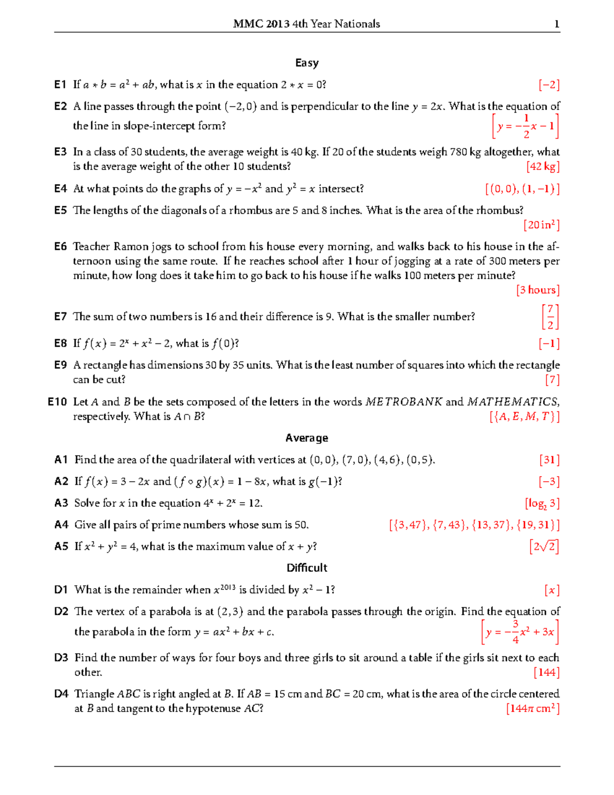 MMC 2013 4 Nat - For math - MMC 2013 4 th Year Nationals 1 Easy E 1 If ...