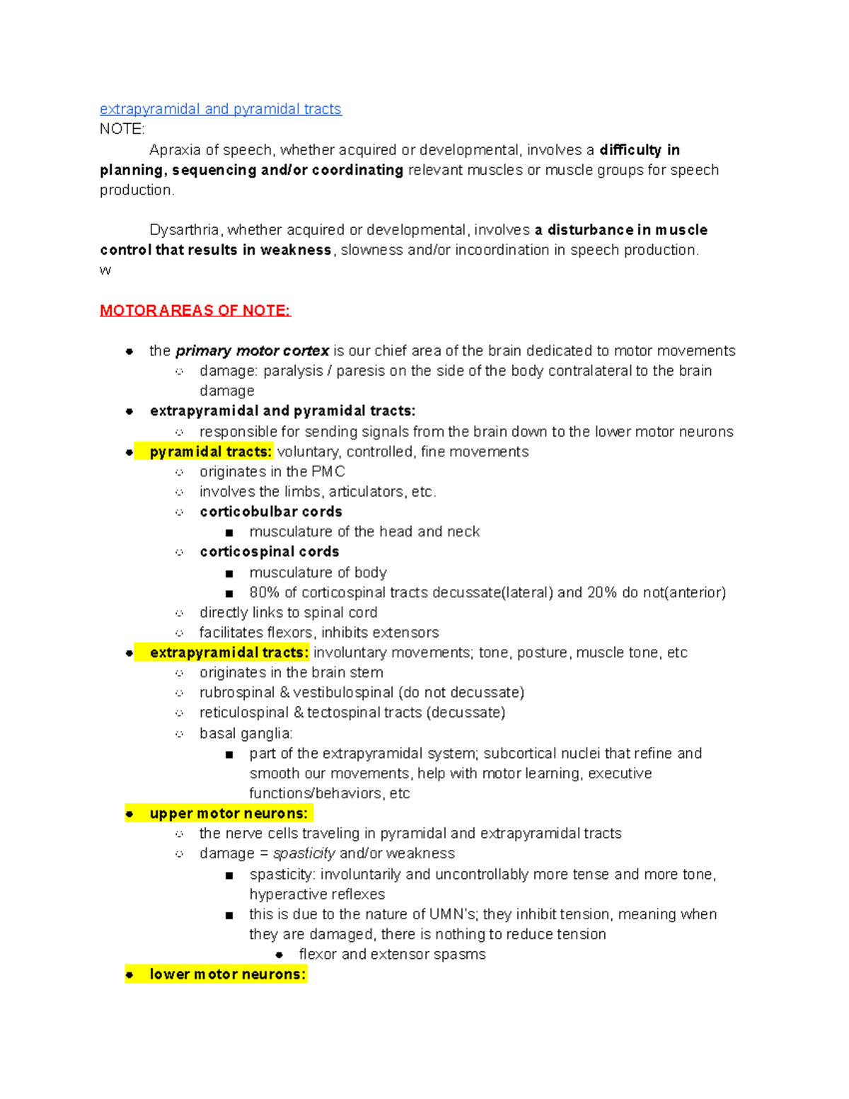 Motor Speech Disorders - extrapyramidal and pyramidal tracts NOTE ...