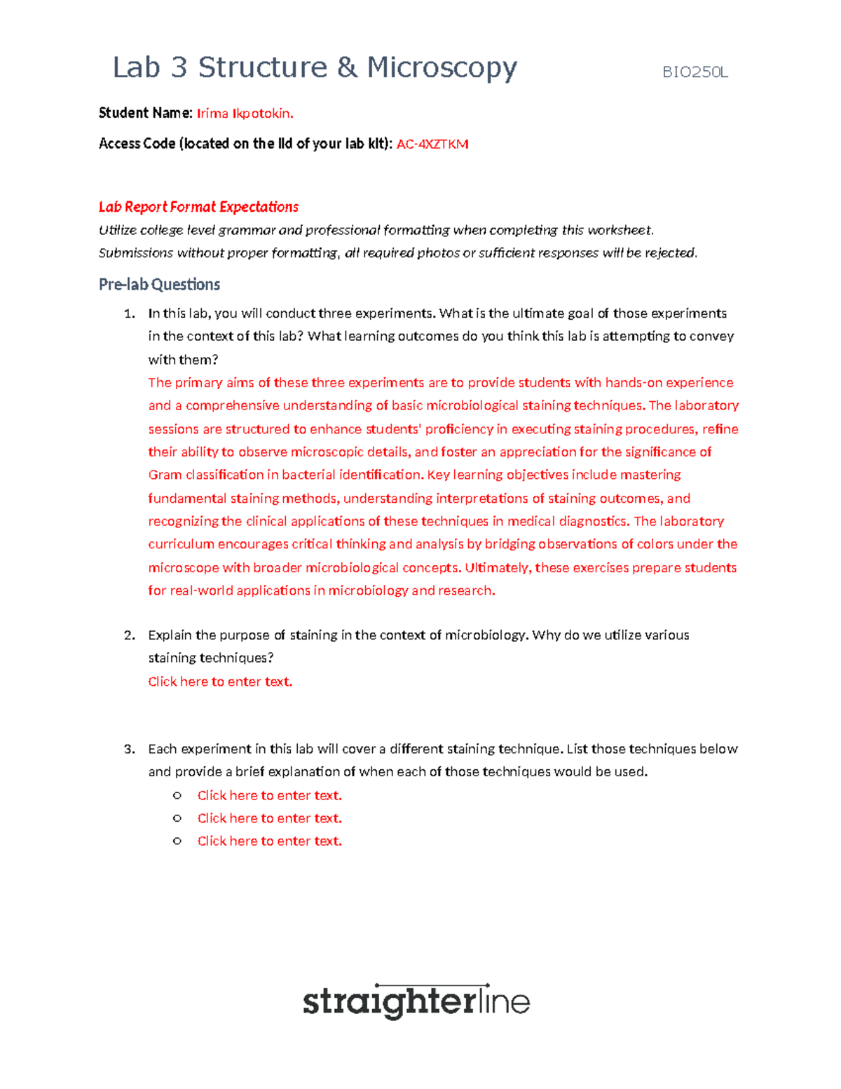 BIO250 Lab 3 - lab 3 - Student Name: Irima Ikpotokin. Access Code (located on the lid of your ...