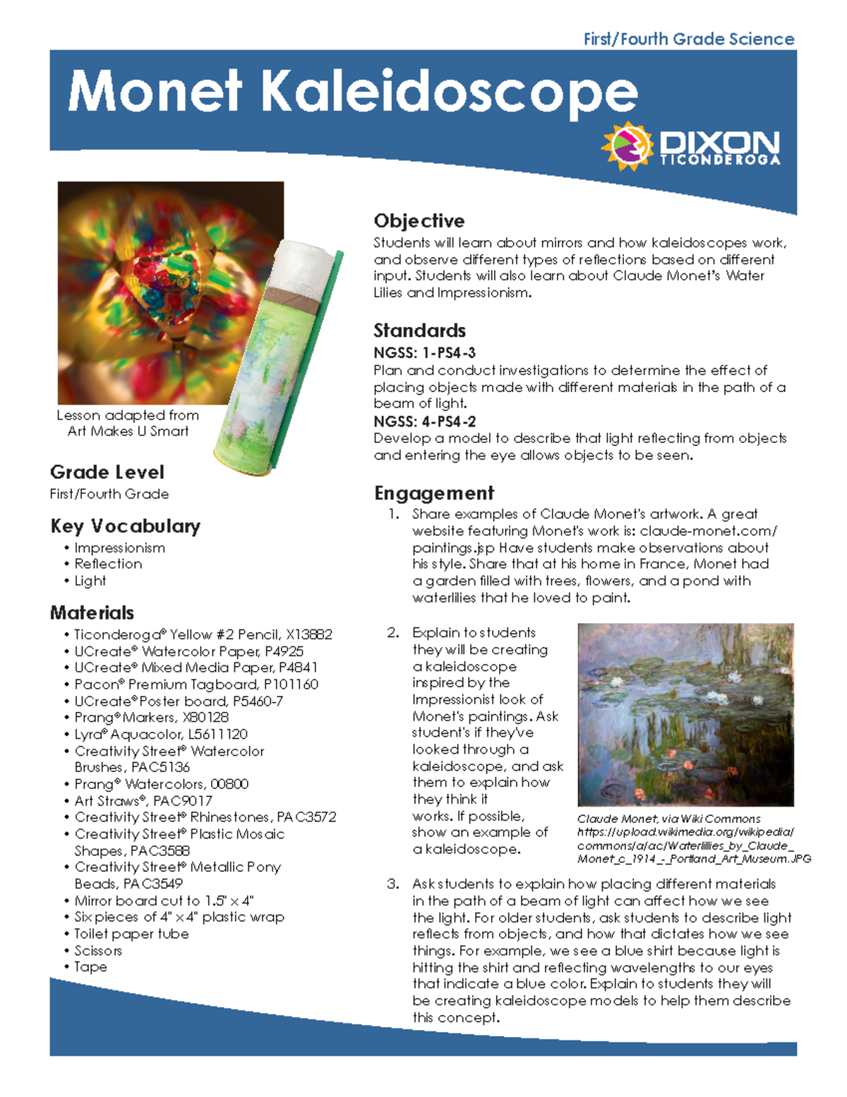 2020 DTC Kaleidoscope-Lesson 11 - Monet Kaleidoscope First/Fourth Grade ...