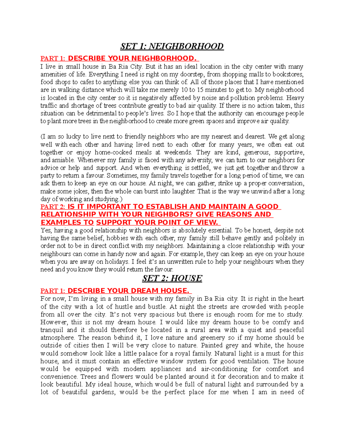 Speaking GEP 5 PART 1 - SET 1: NEIGHBORHOOD PART 1: DESCRIBE YOUR ...