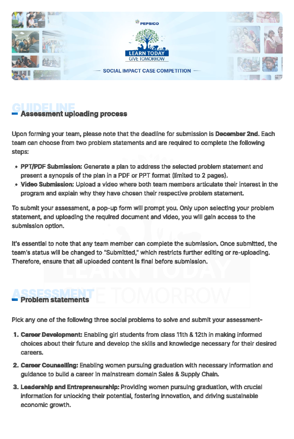 Learn Today Give Tomorrow 2024 - Assessment Submission Guidelines ...