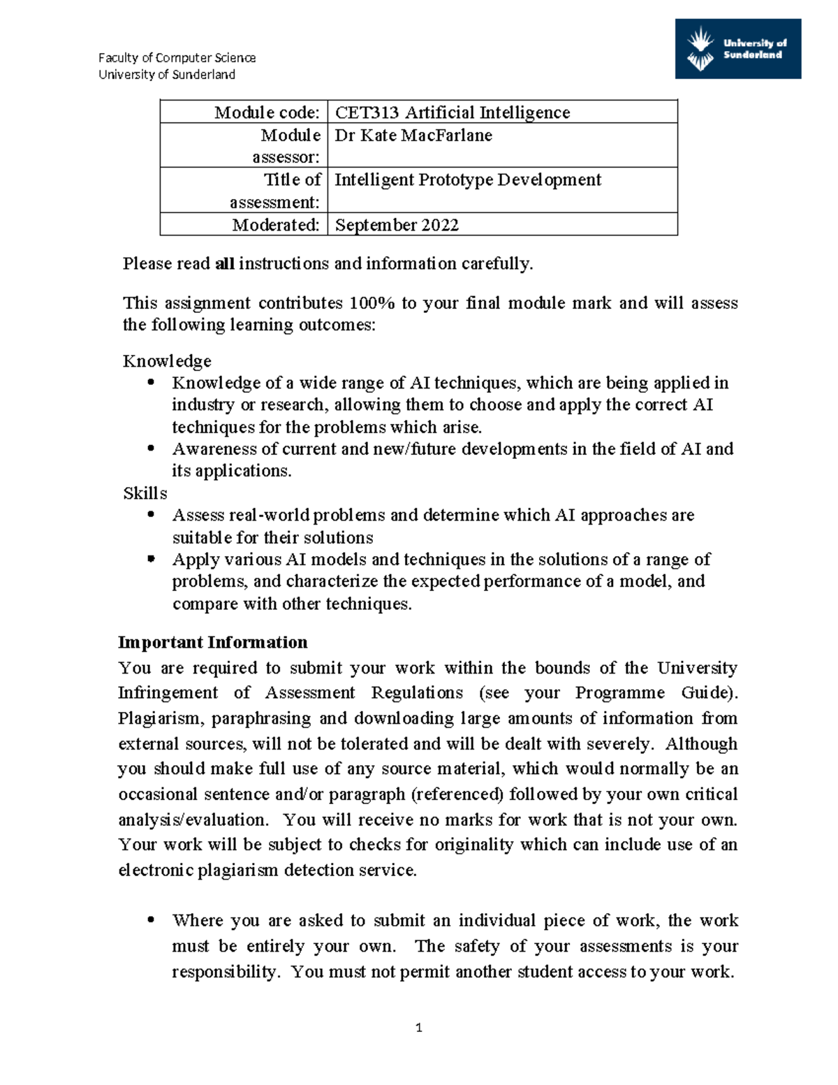 CET313 AI Assignment - University of Sunderland Module code: CET313 Artificial Intelligence ...