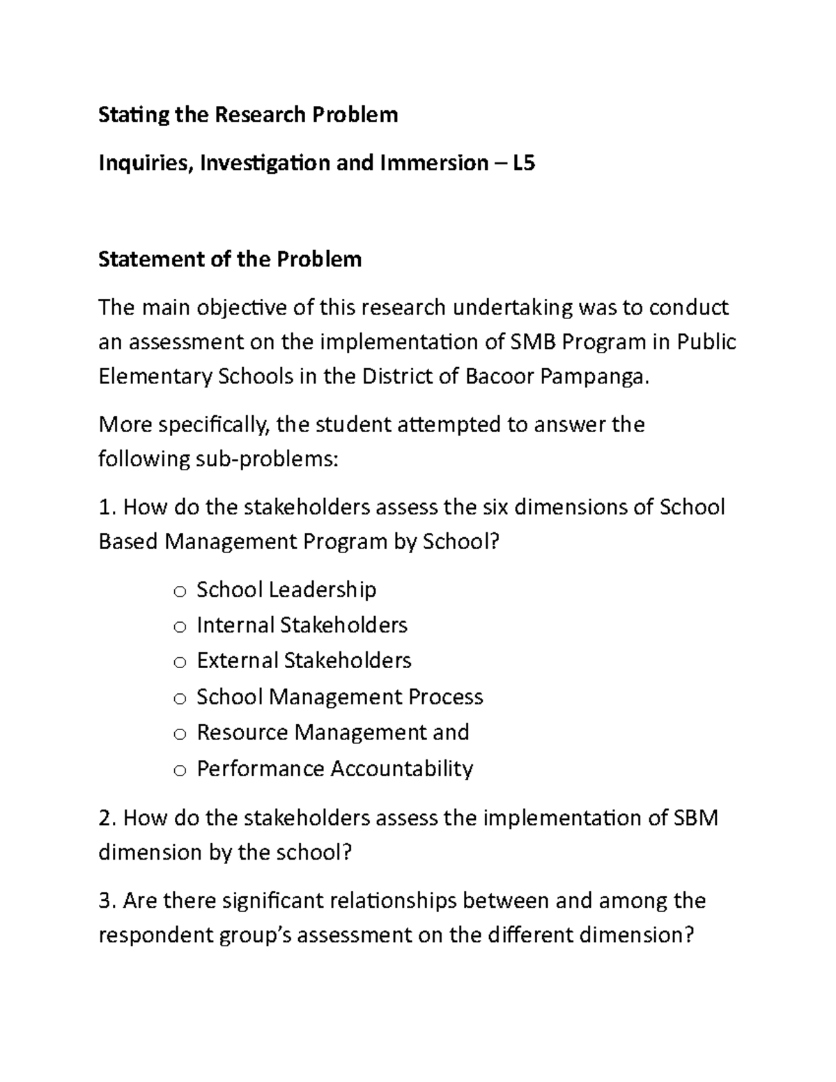 Immersion - 5 - Lecture notes - Stating the Research Problem Inquiries ...