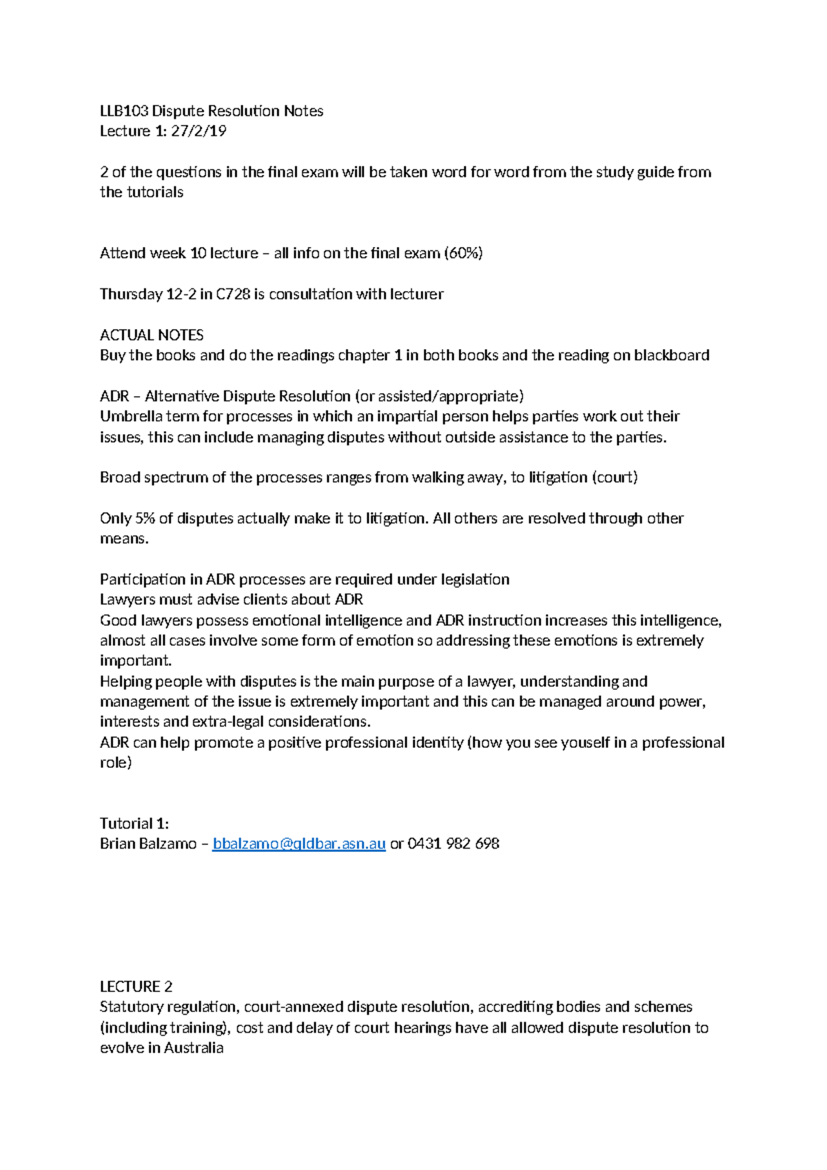 LLB103 Dispute Resolution Notes - LLB103 Dispute Resolution Notes ...