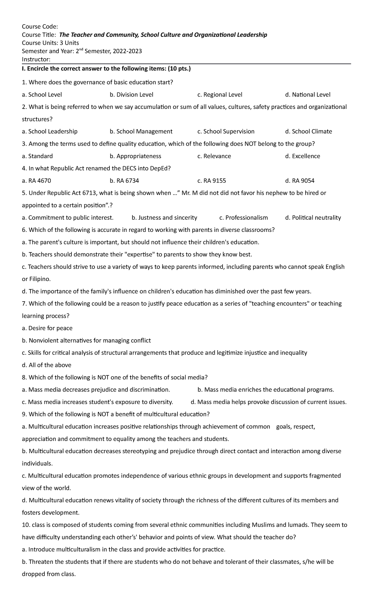 FTC 3 - Prelim Test Questionnaire - Course Code: Course Title: The ...