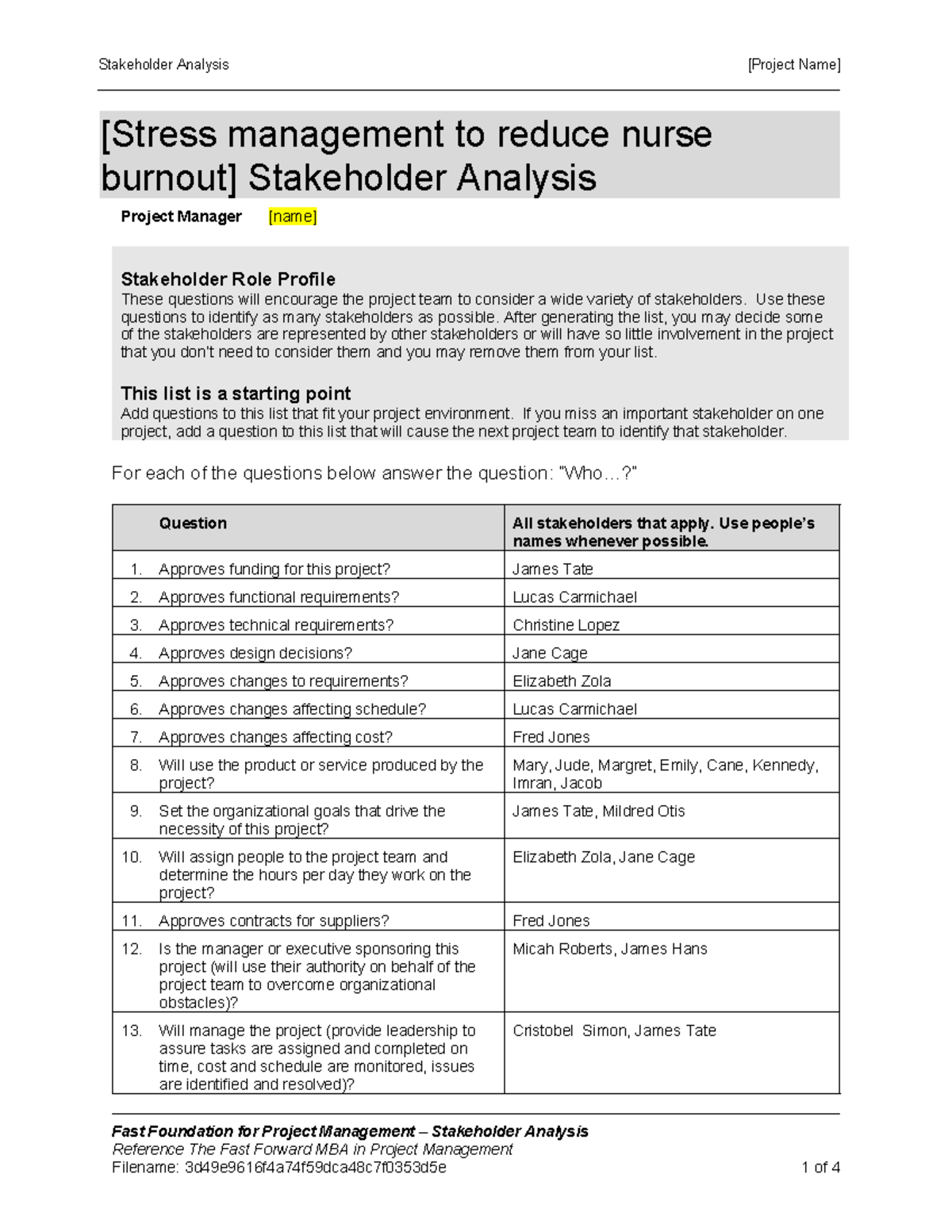 Stakeholder Analysis form - [Stress management to reduce nurse burnout ...