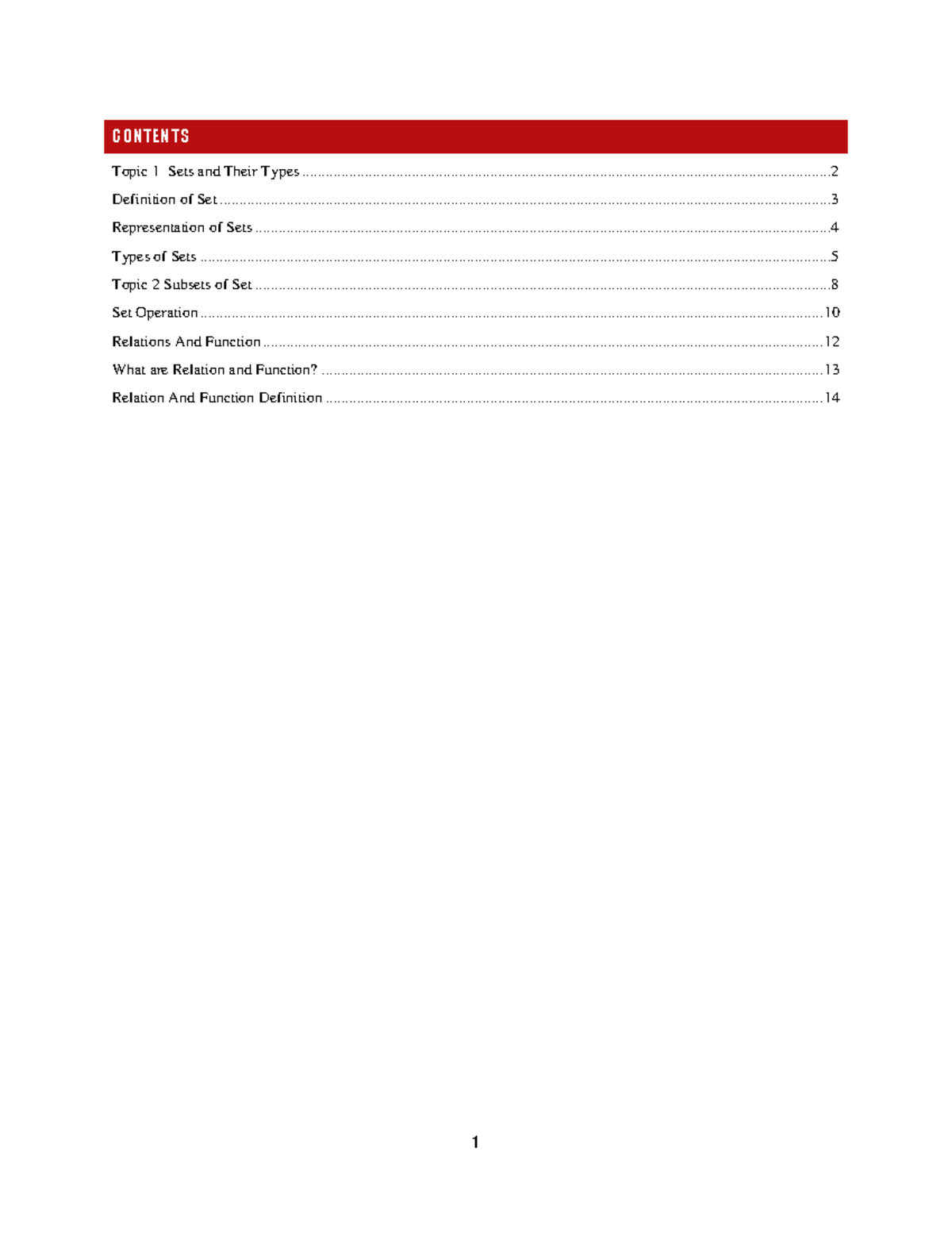 MMW - CONTENTS Topic 1 Sets and Their Types Definition of Set ...