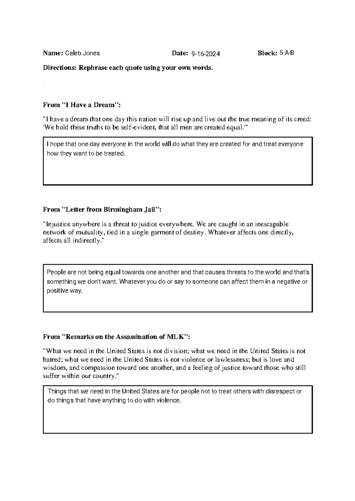 16 Warm Up 9th Grade Quote Rephrasing Assignment Student's version ...