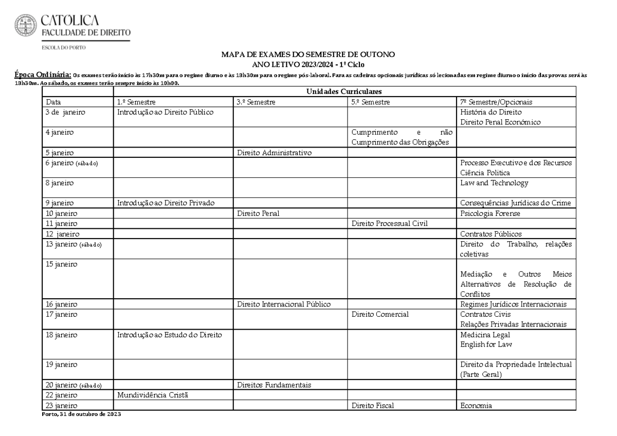 Mapa Definitivo de exames - semestre de outono - 2023 -24 - MAPA DE ...