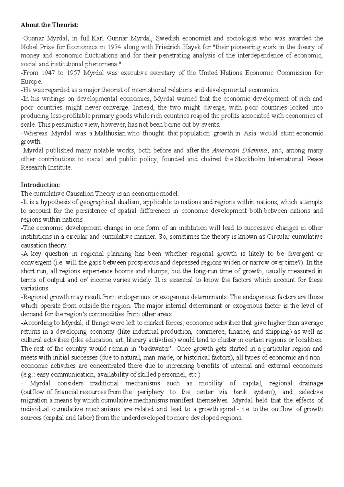 Cumulative Causation Theory - About the Theorist: Gunnar Myrdal, in ...