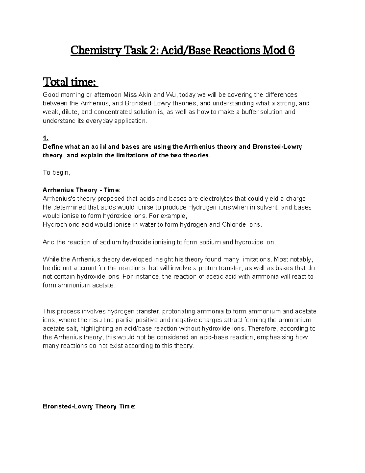 Copy of Chemistry Task 2 Acid Base Reactions Mod 6 - Chemistry Task 2: Acid/Base Reactions Mod 6 ...