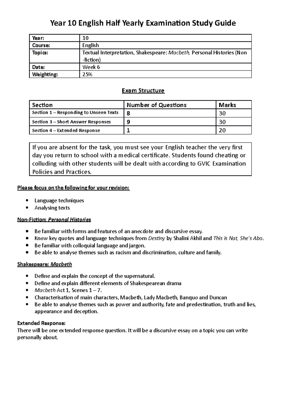 2022 10 English Half Yearly Study Guide - Year 10 English Half Yearly ...
