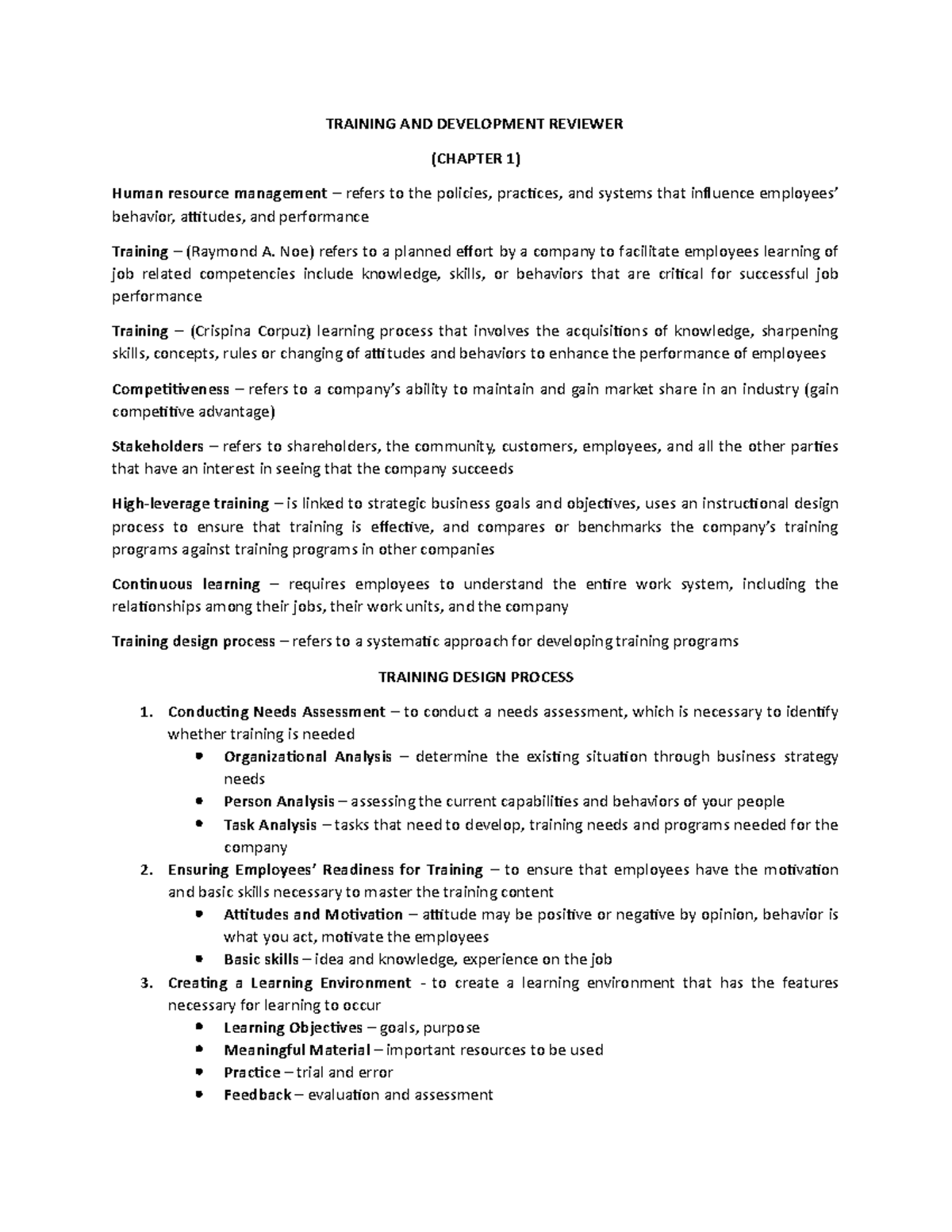 Training and Development - TRAINING AND DEVELOPMENT REVIEWER (CHAPTER 1 ...