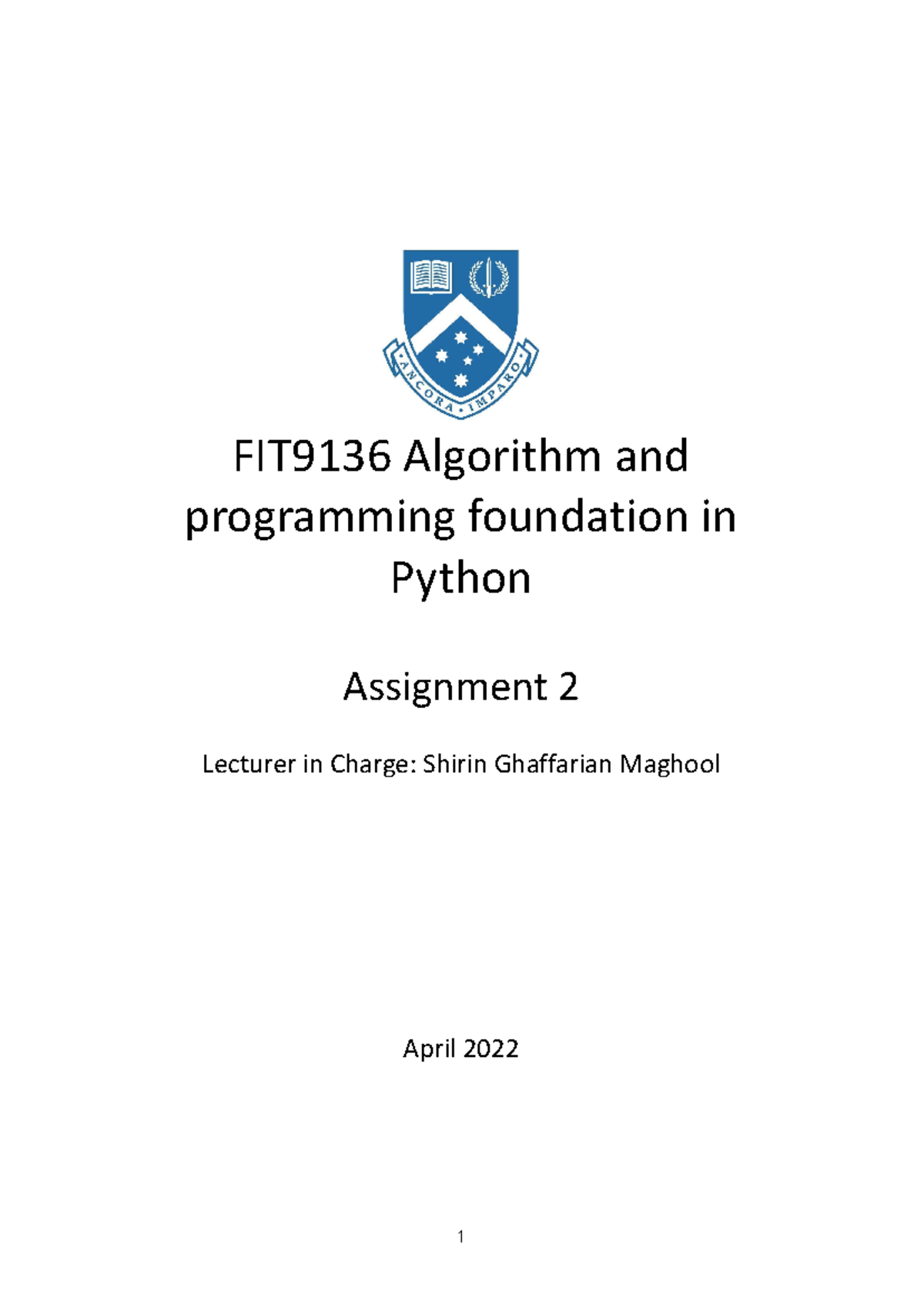 FIT9136 Assignment 2 Specification - FIT9136 Algorithm and programming foundation in Python ...