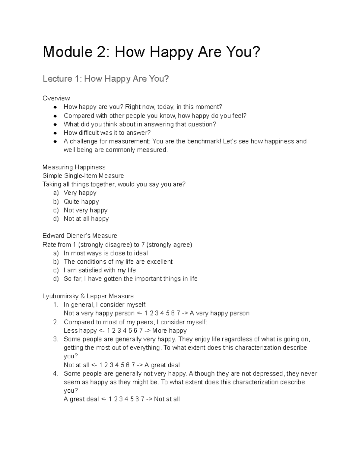 Module 2 - Notes - Module 2: How Happy Are You? Lecture 1: How Happy ...