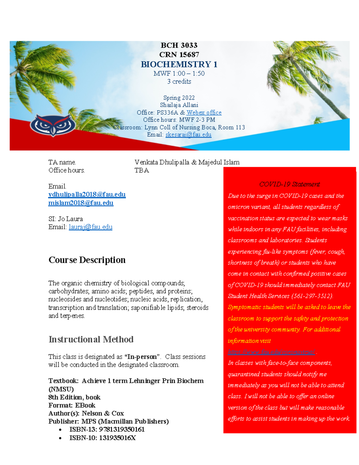 Biochemistry 1 Spring '22 Syllabus - BCH 3033 CRN 15687 BIOCHEMISTRY 1 ...