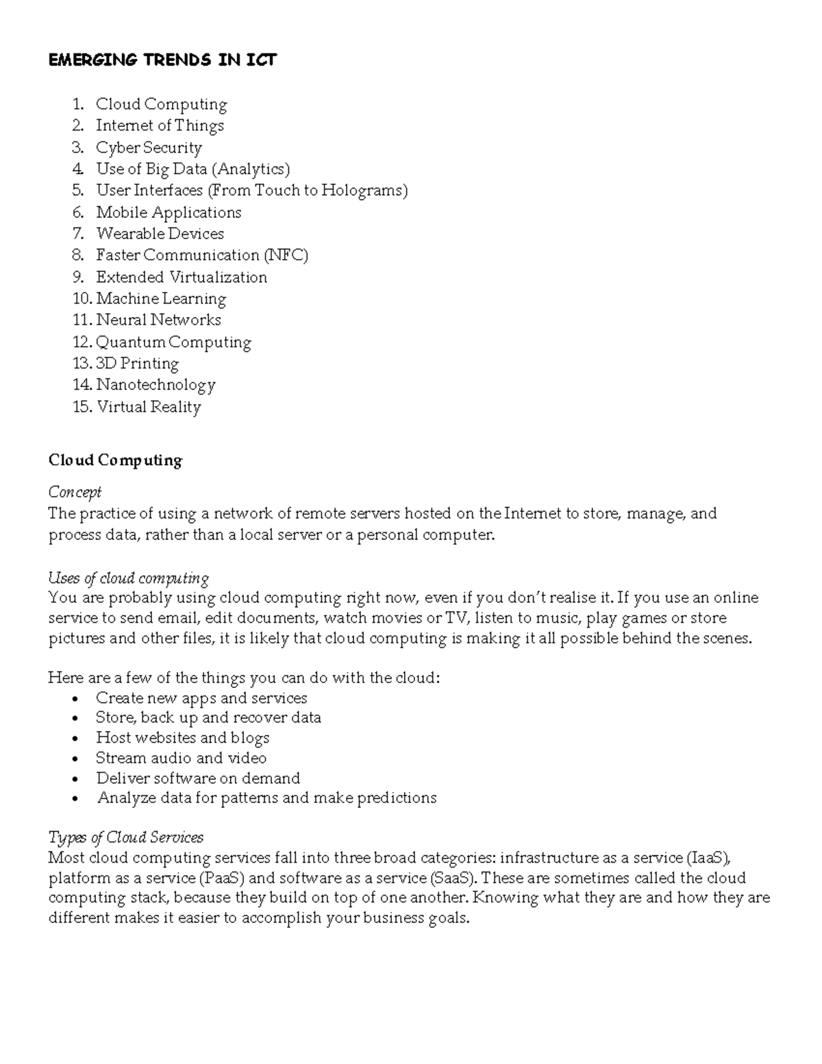 Emerging Trends in ICT - lecture notes - EMERGING TRENDS IN ICT Cloud ...