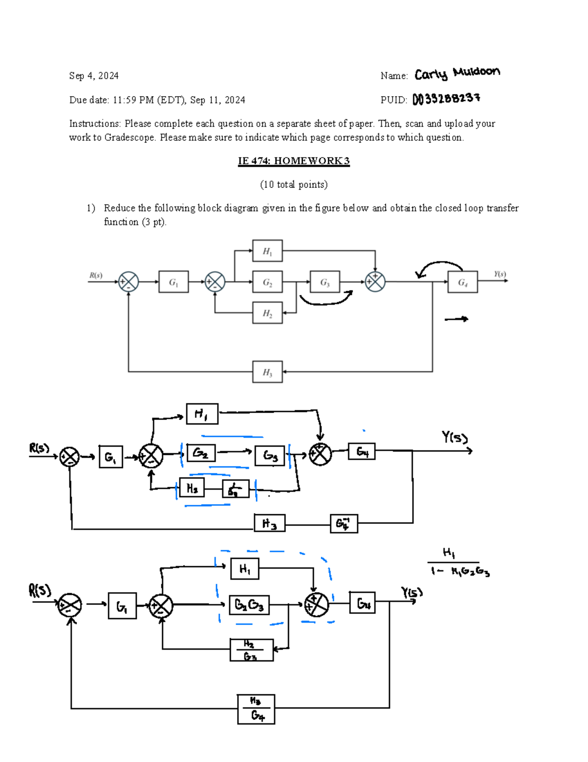Homework 3 - Block Diagrams - Sep 4, 2024 Name: Due date: 11:59 PM (EDT ... Homework 3 - Block Diagrams - Sep 4, 2024 Name: Due date: 11:59 PM (EDT ...