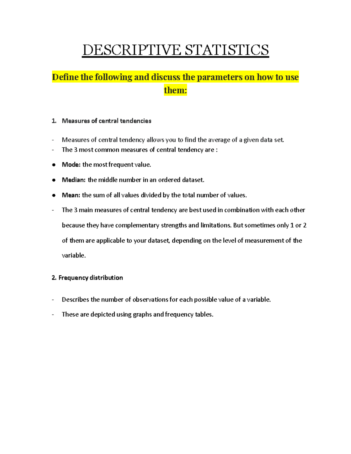 Descriptive Statistics - DESCRIPTIVE STATISTICS Define the following ...