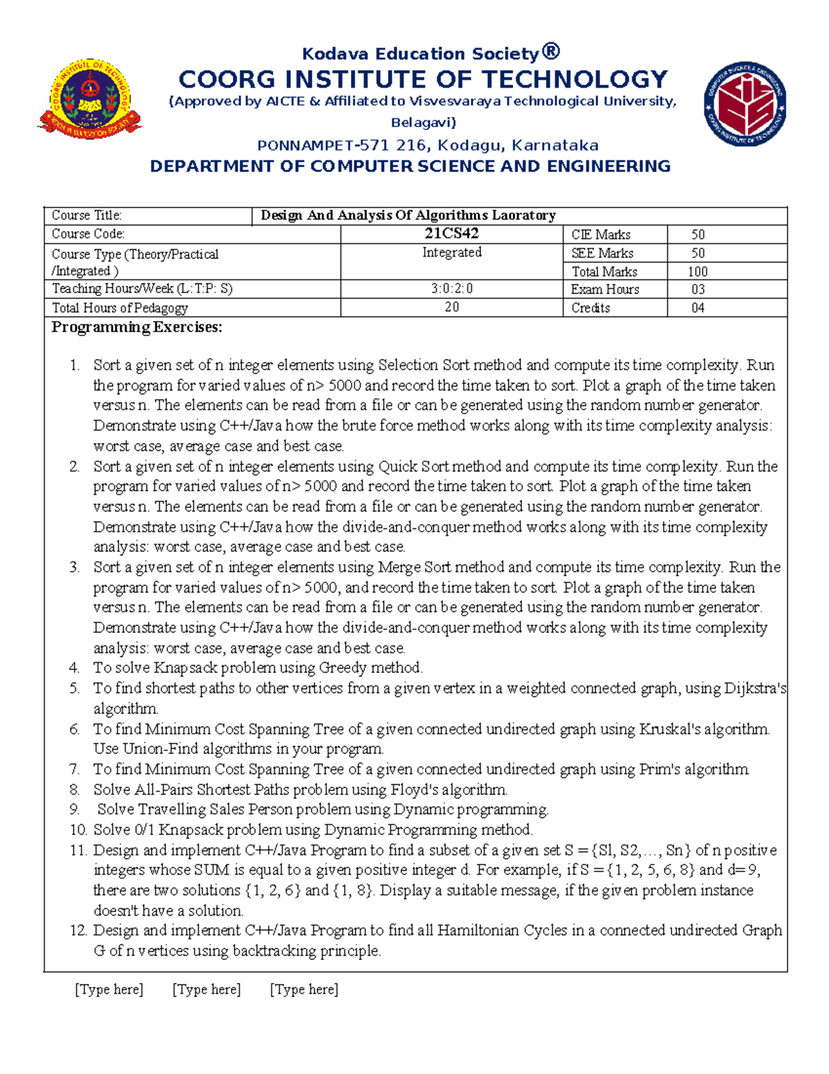 Daa Manual - Kodava Education Society® COORG INSTITUTE OF TECHNOLOGY ...