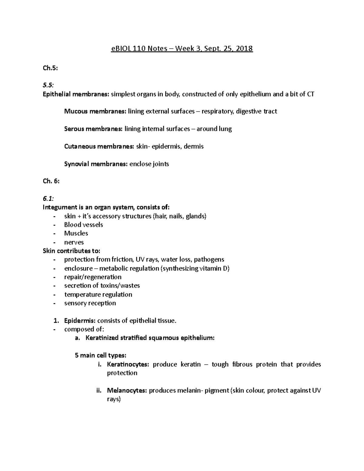 BIOL 110 Notes Week 3 - eBIOL 110 Notes – Week 3, Sept. 25, 2018 Ch: 5 ...