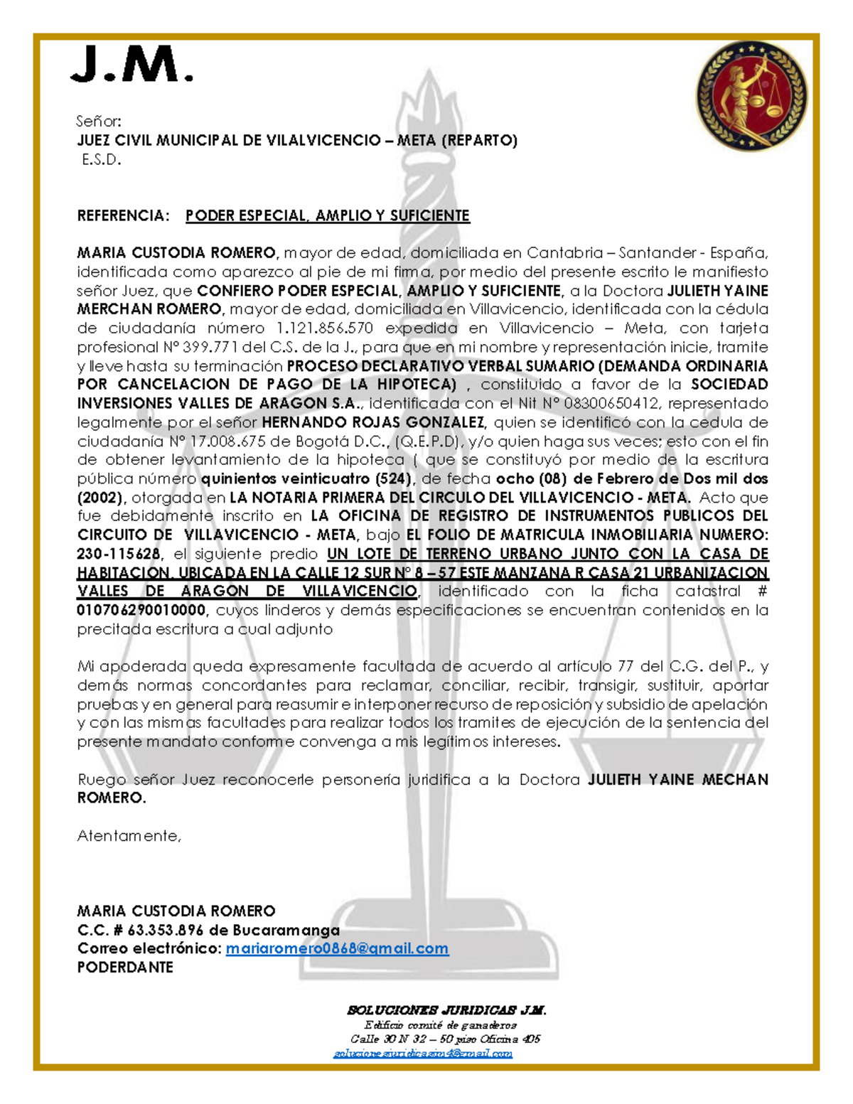 Poder Especial Amplio Y Suficiente Maria Custodia Romero - J. Señor ...