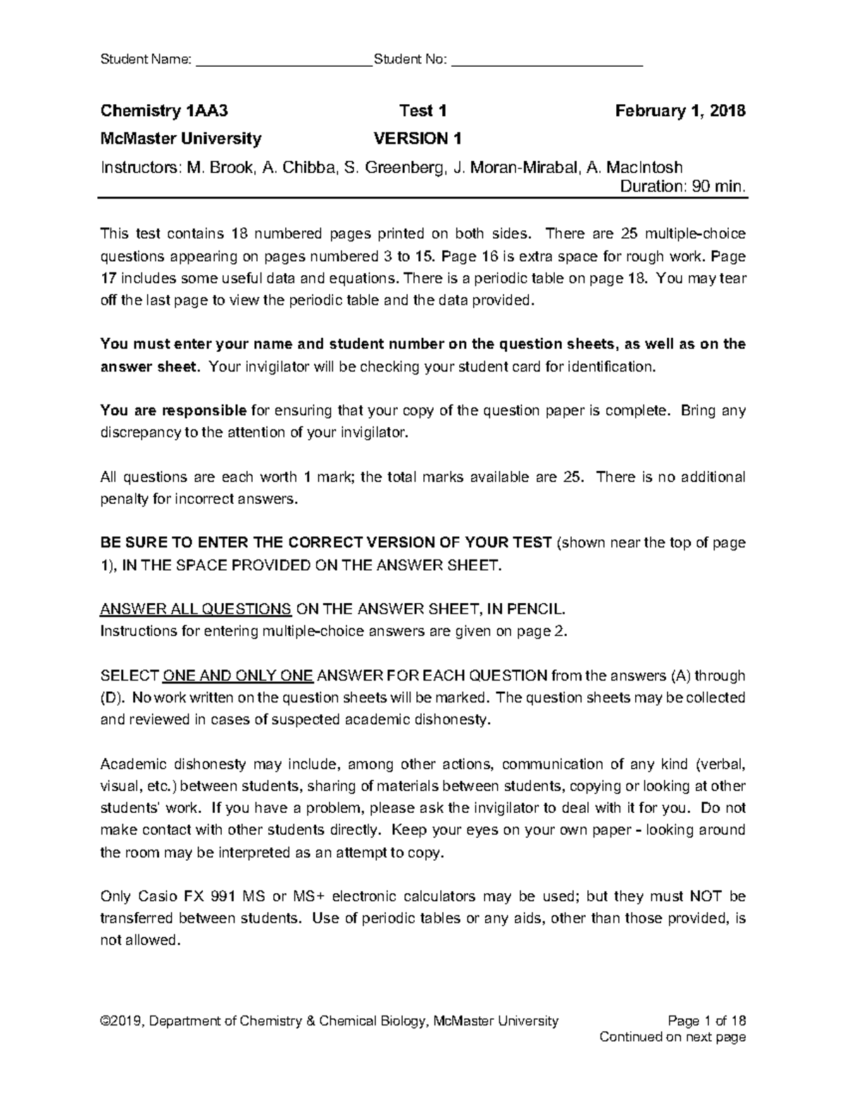 Chem1AA3 T1 2019 Qs - ©2019, Department of Chemistry & Chemical Biology ...