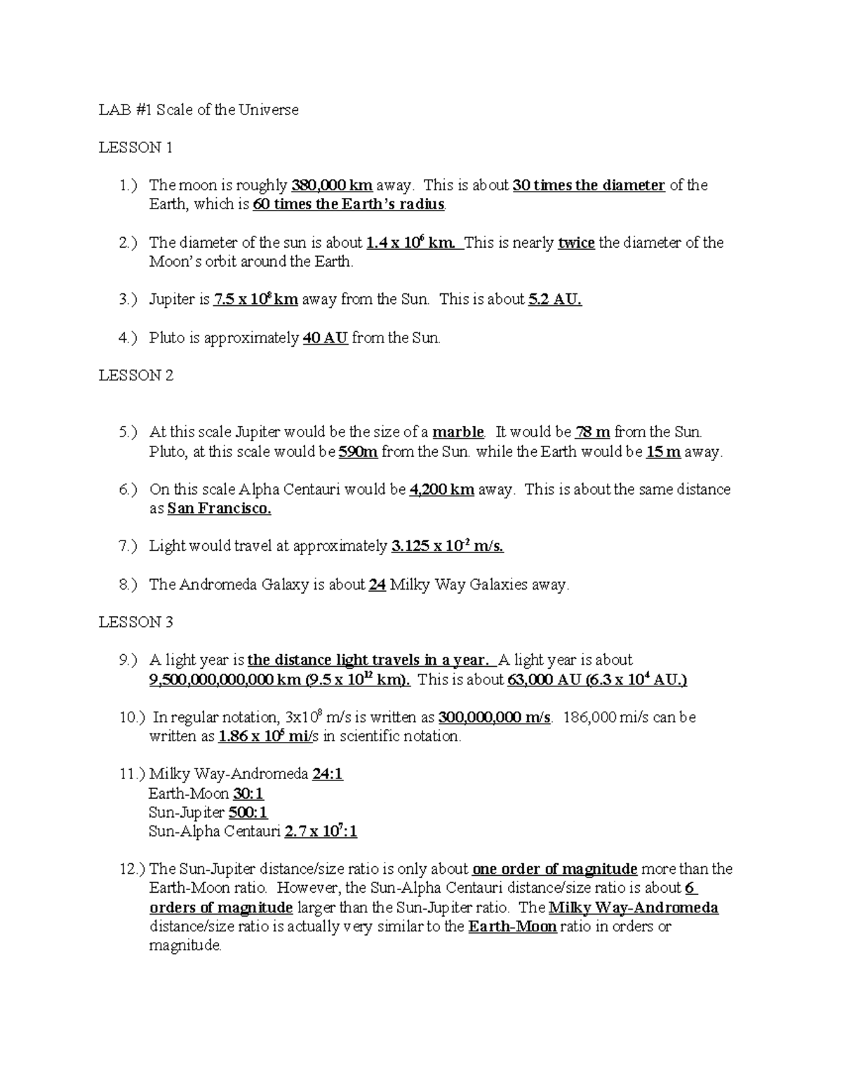 Astronomy Lab booklet answer - LAB #1 Scale of the Universe LESSON 1 1 ...