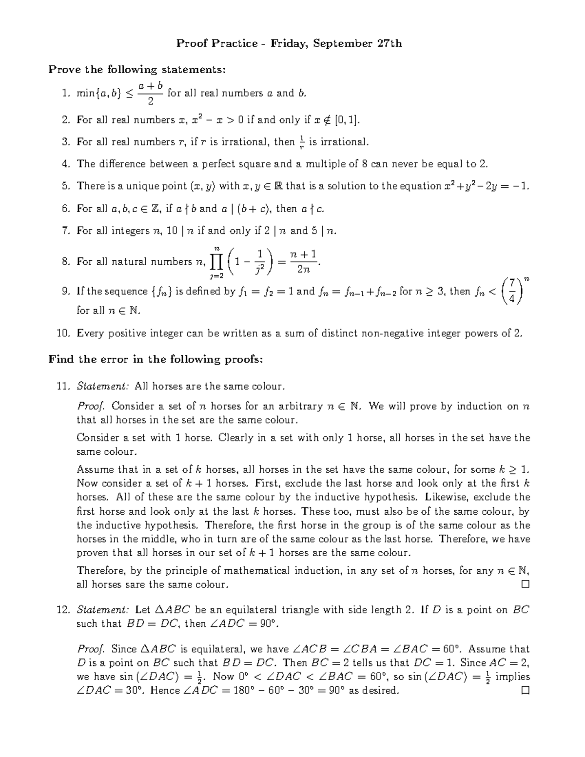Proof Pratice - Handout - Proof Practice - Friday, September 27th Prove ...