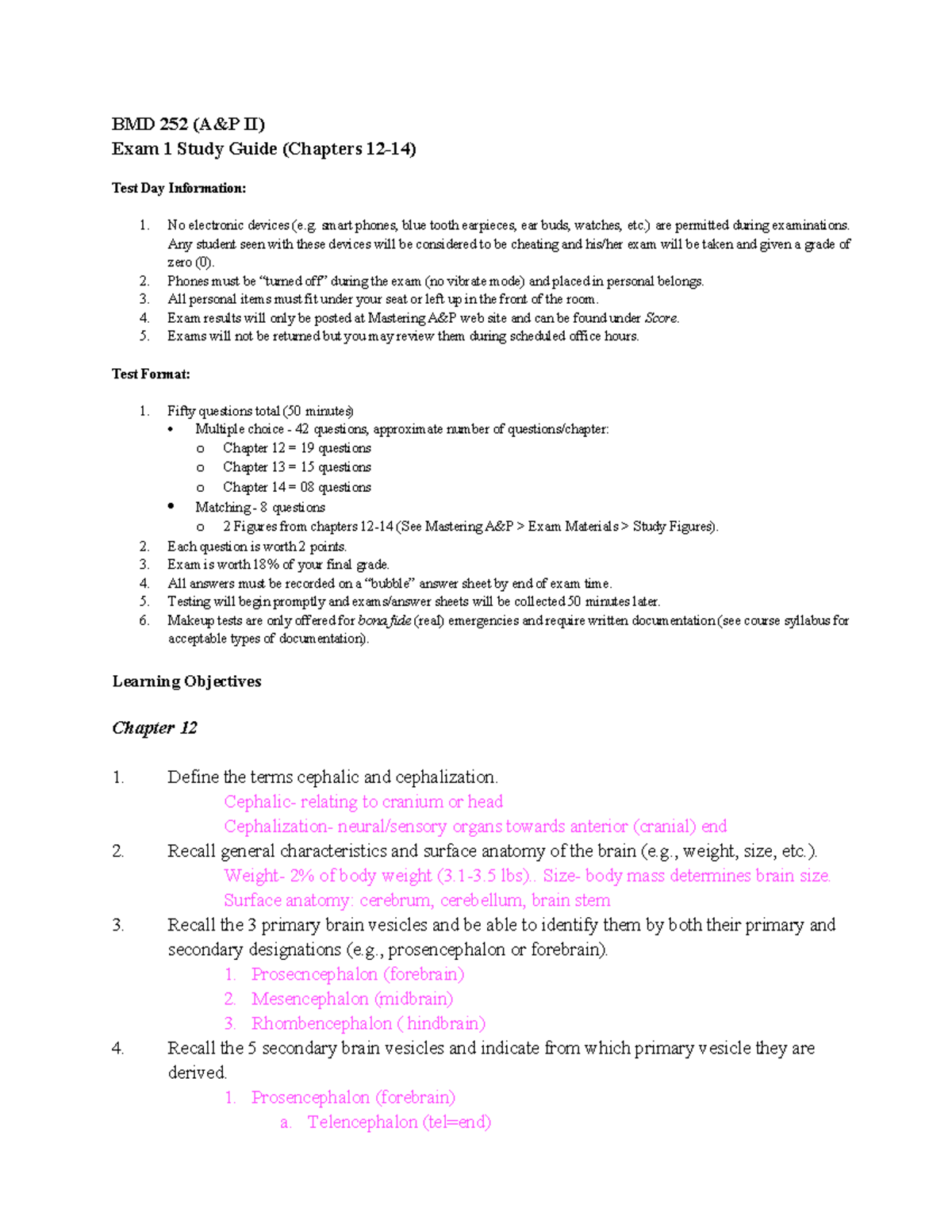 Study Guide study guide - BMD 252 (A&P II) Exam 1 Study Guide (Chapters ...