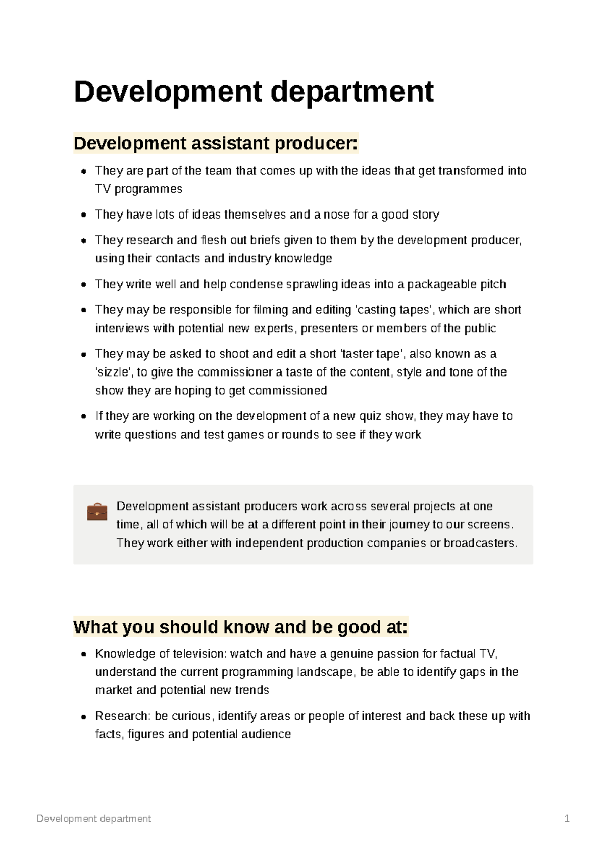Unscripted TV Development assistant producer - Development department 1 ...