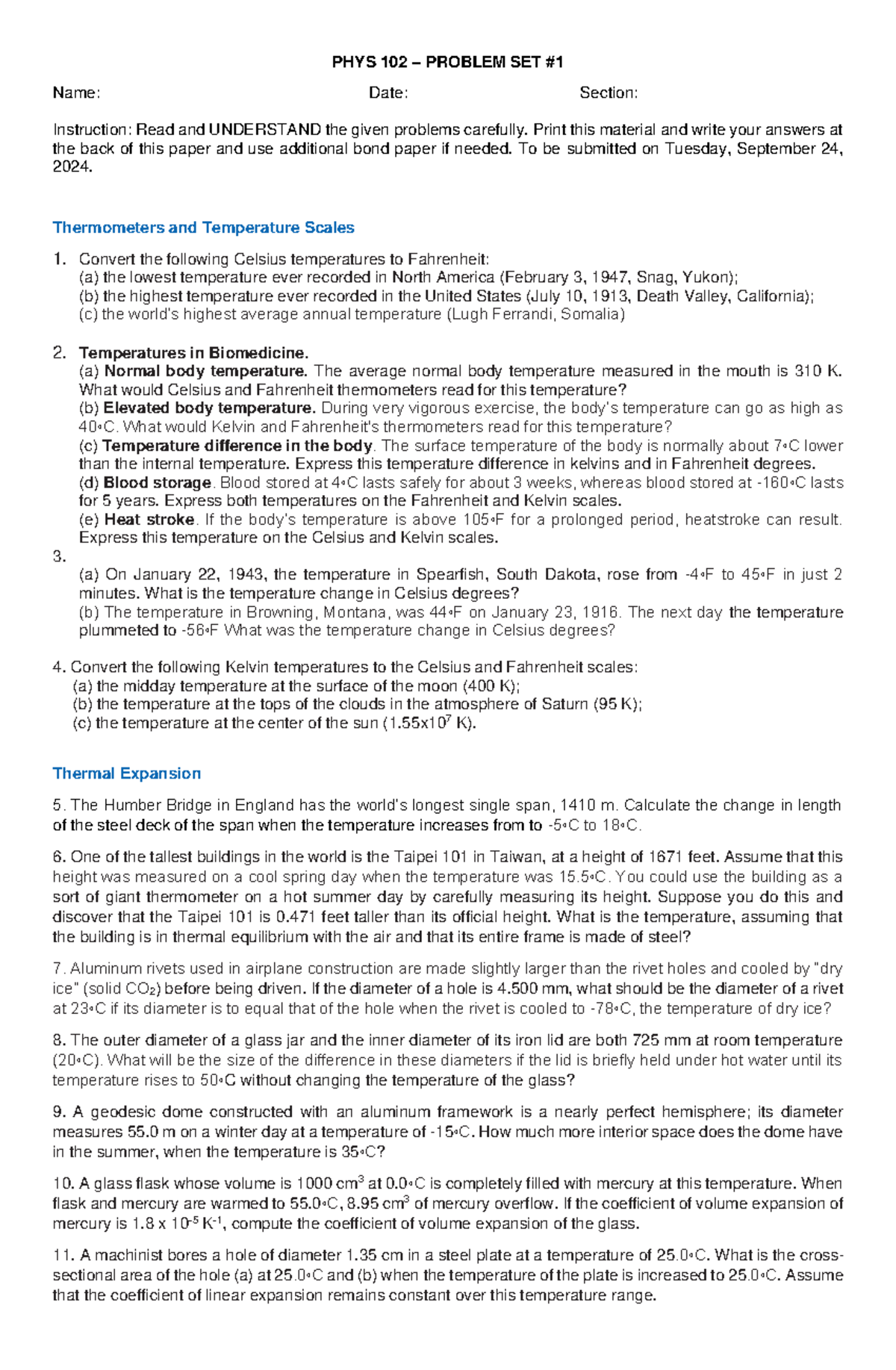 PHYS 102 1 PS - We want to learn more - PHYS 102 – PROBLEM SET Name: Date: Section: Instruction ...