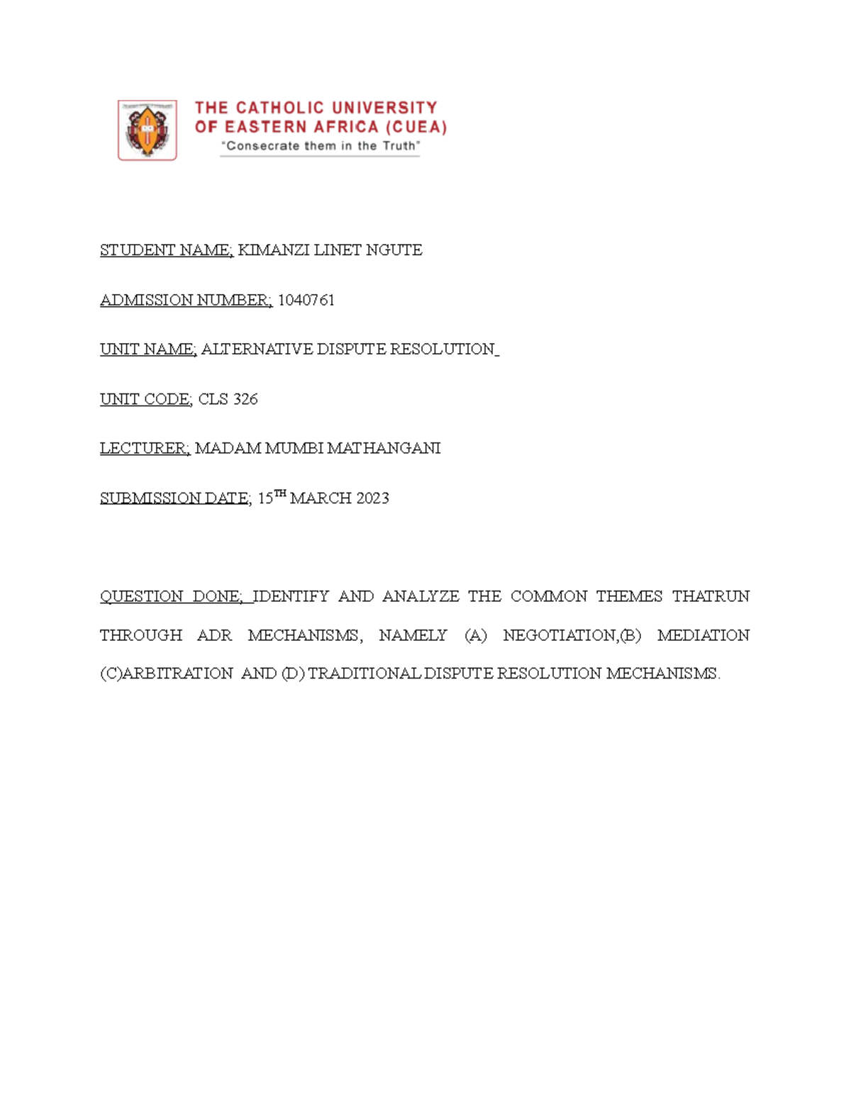 ADR Cat - Reading material for ADR - STUDENT NAME; KIMANZI LINET NGUTE ...