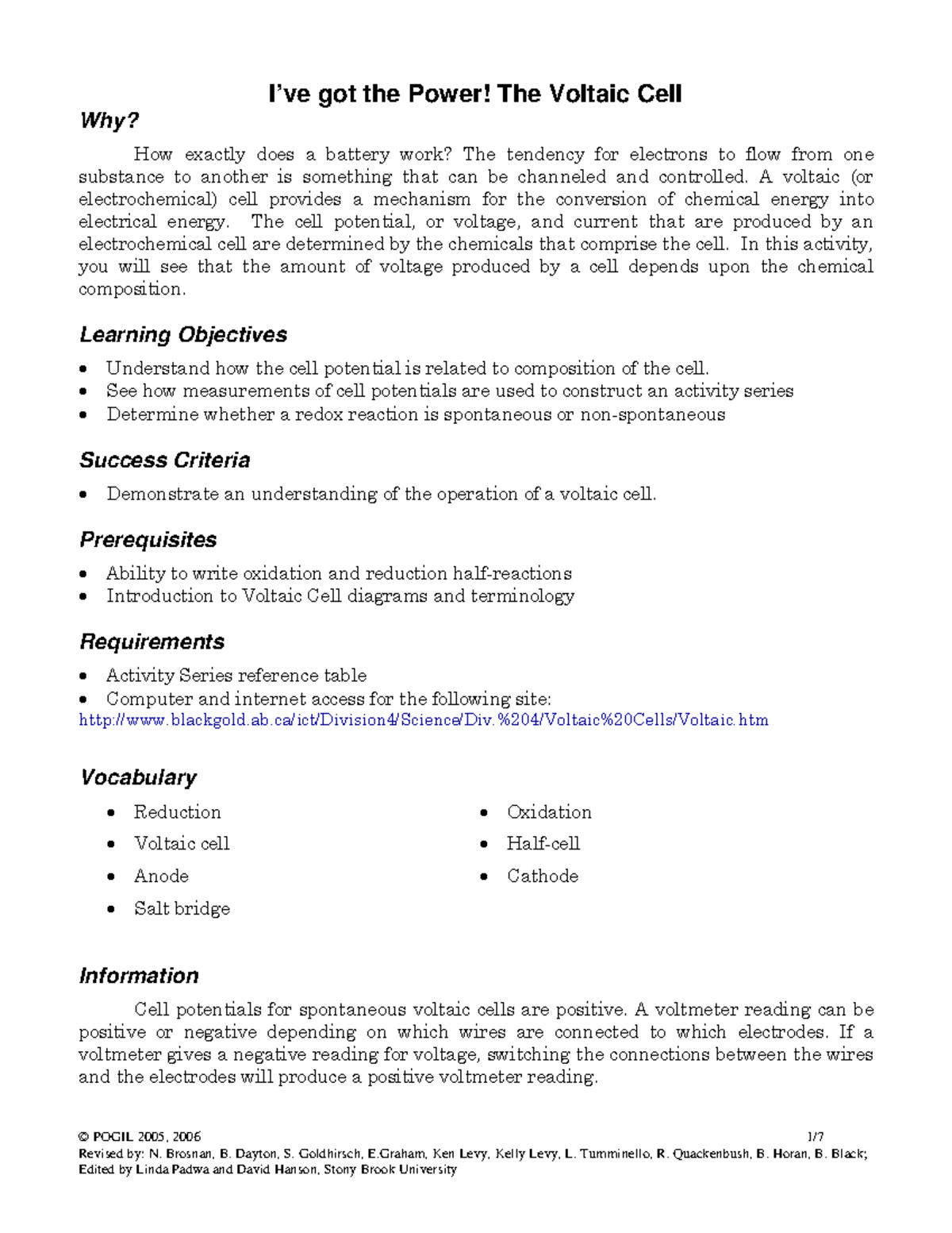 Voltaic-cell-potentials - © POGIL 2005, 2006 1/ Revised by: N. Brosnan, B. Dayton, S. Goldhirsch ...
