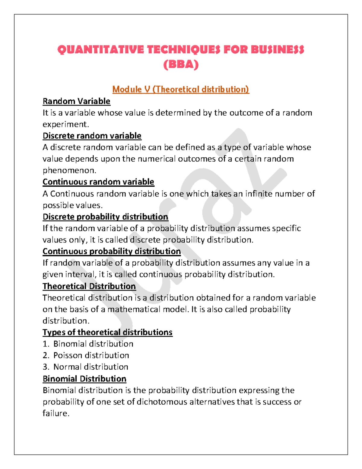QT- BBA- Module V- Juraz - Module V (Theoretical distribution) Random Variable It is a variable ...