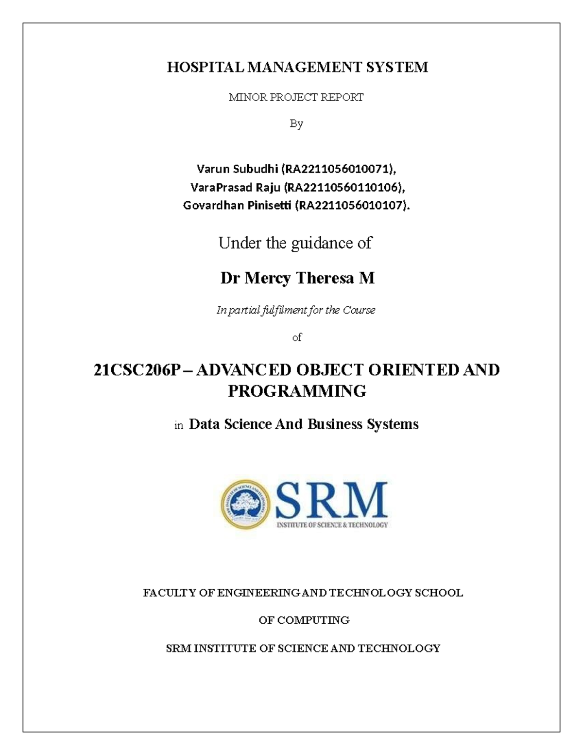 Oop Vardhan@123 - HOSPITAL MANAGEMENT SYSTEM MINOR PROJECT REPORT By ...