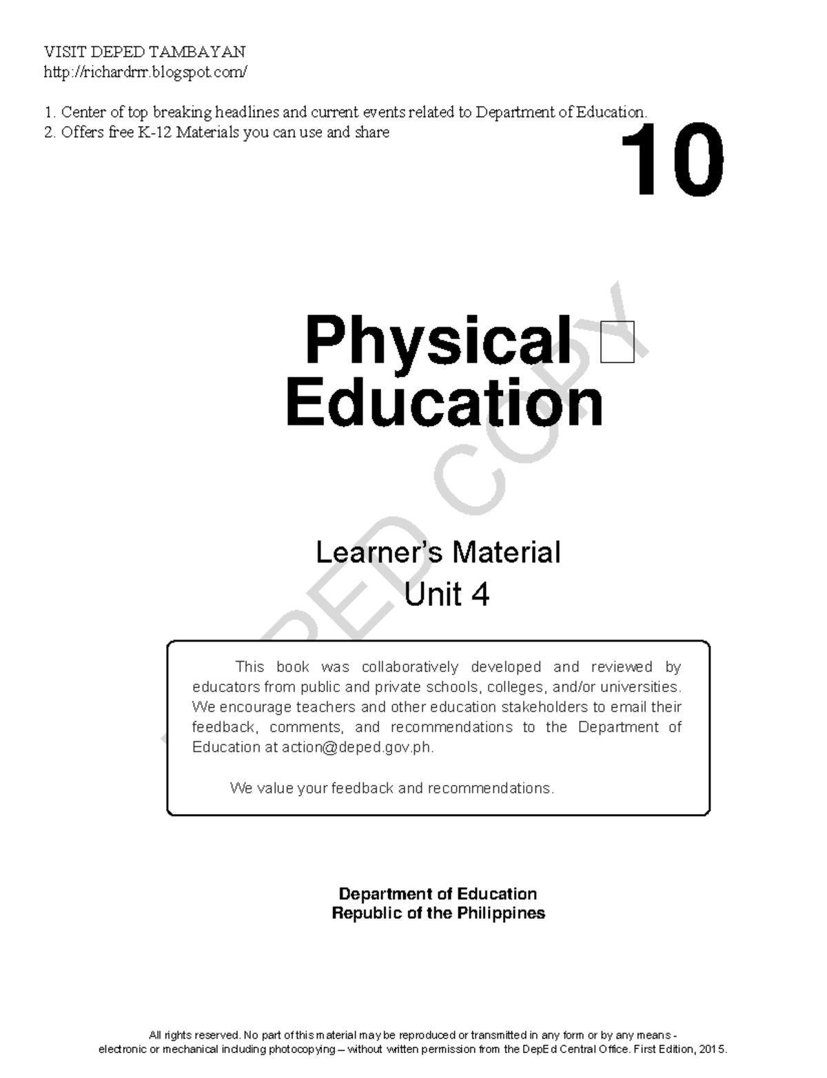 PE10 LM U4 P E DEPED COPY 10 Physical Education Learner s Material