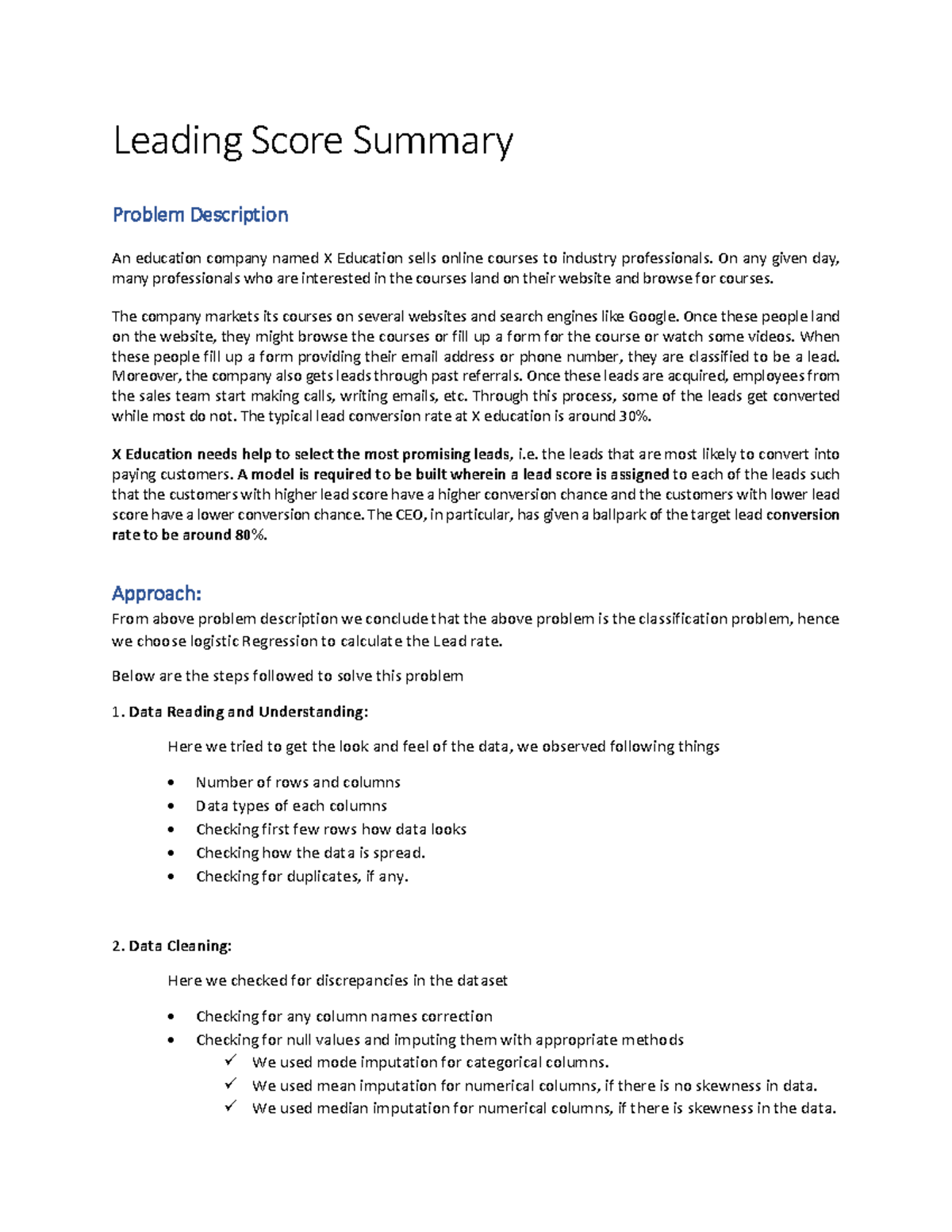 Case study Summary - project - Leading Score Summary Problem ...