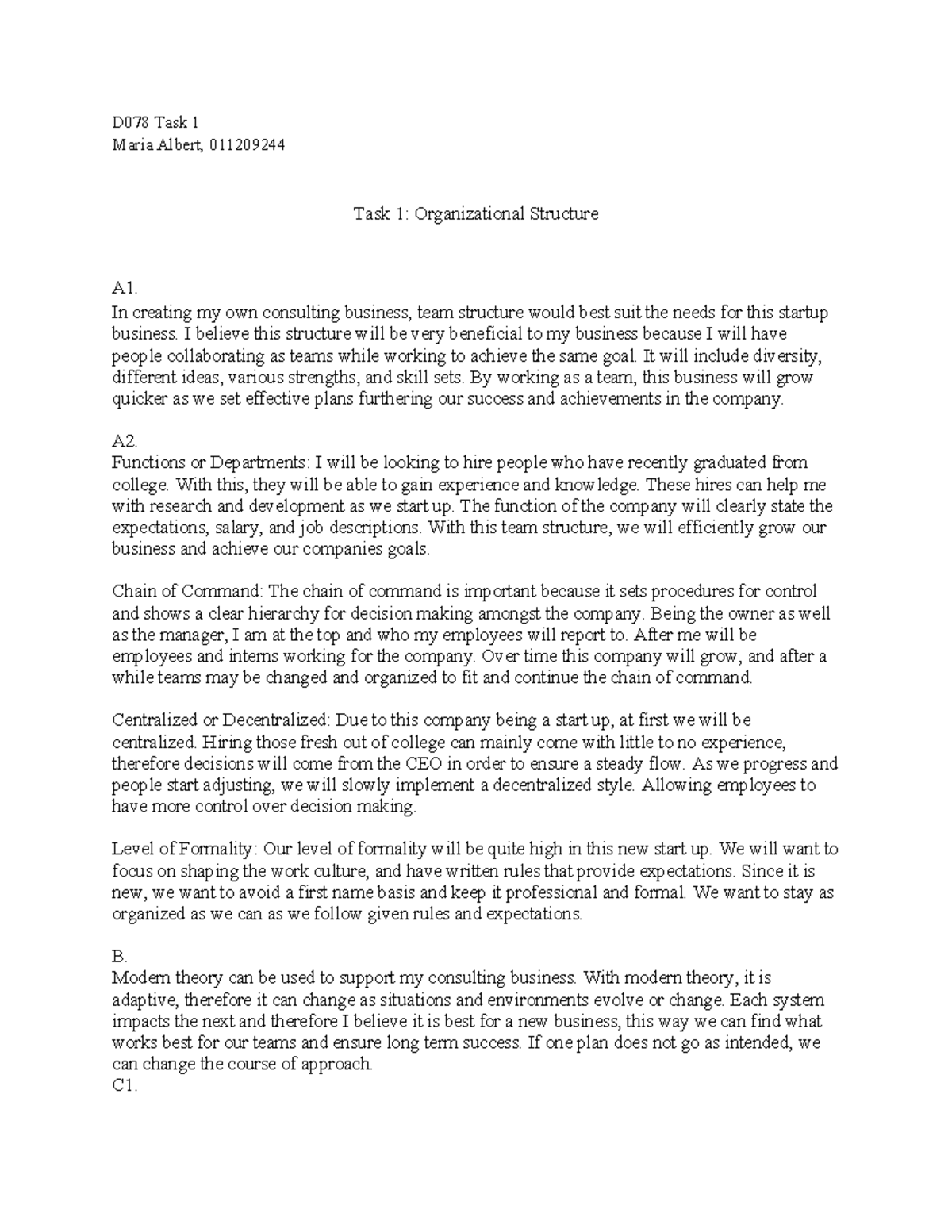 Task 1 Organizational Structure second attempt-2 - D078 Task 1 Maria Albert, 011209244 Task 1 ...