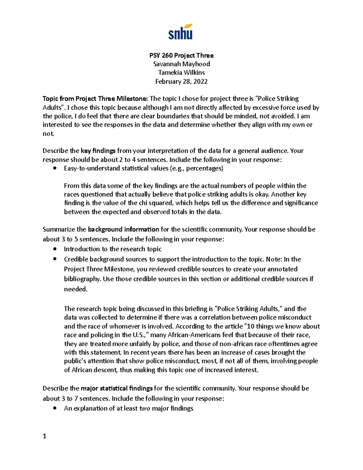 PSY260 Project Three FINAL - PSY 260 Project Three Savannah Mayhood Tamekia Wilkins February 28 ...