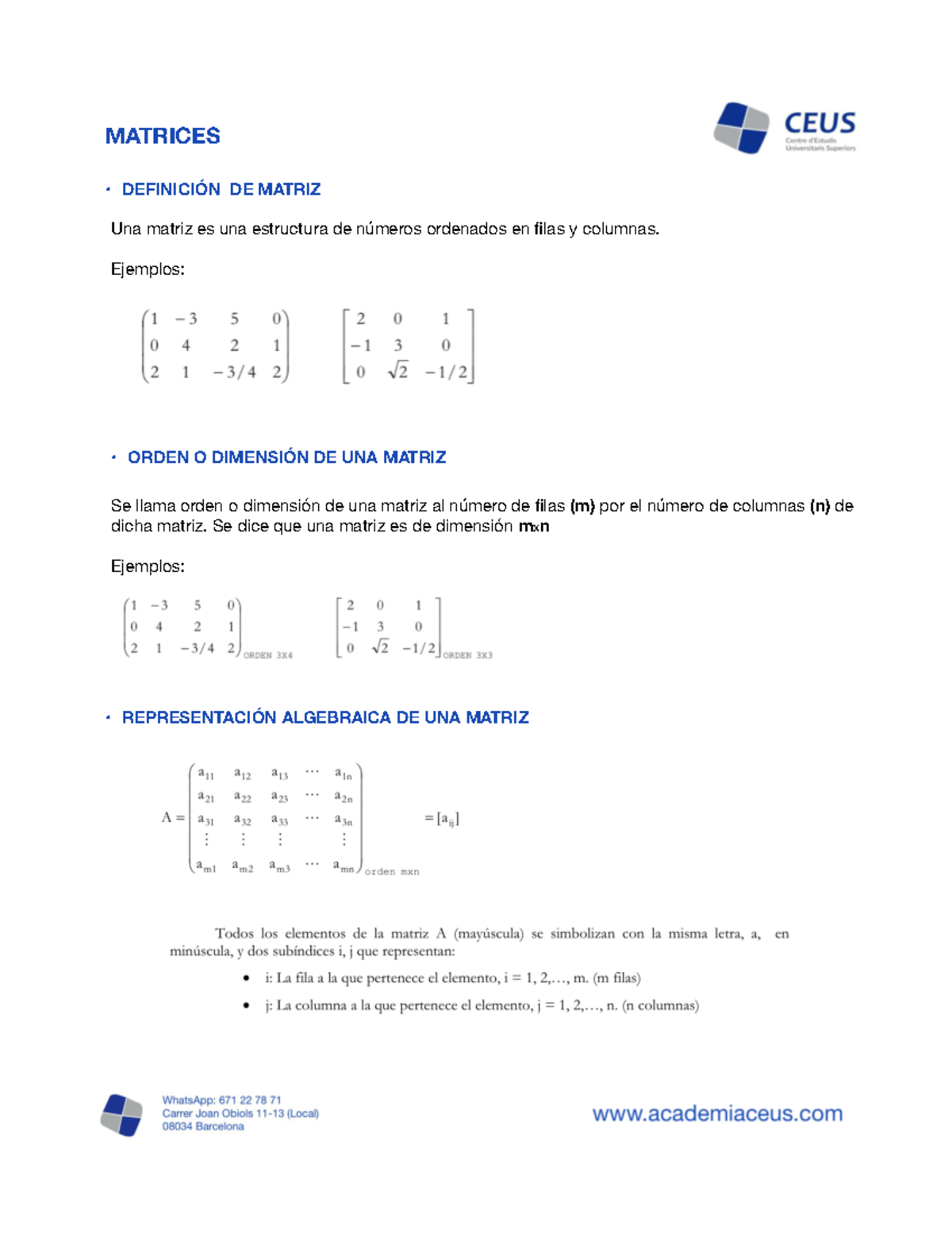 Matrices - Son ejercicios resueltos y alguna explicación para practicar Matemáticas I - Una ...