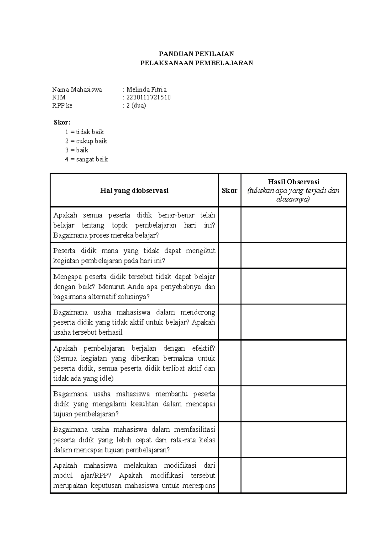 Penilaian Pembelajaran Untuk DPL, GP, GURU Kelas S2 - PANDUAN PENILAIAN ...
