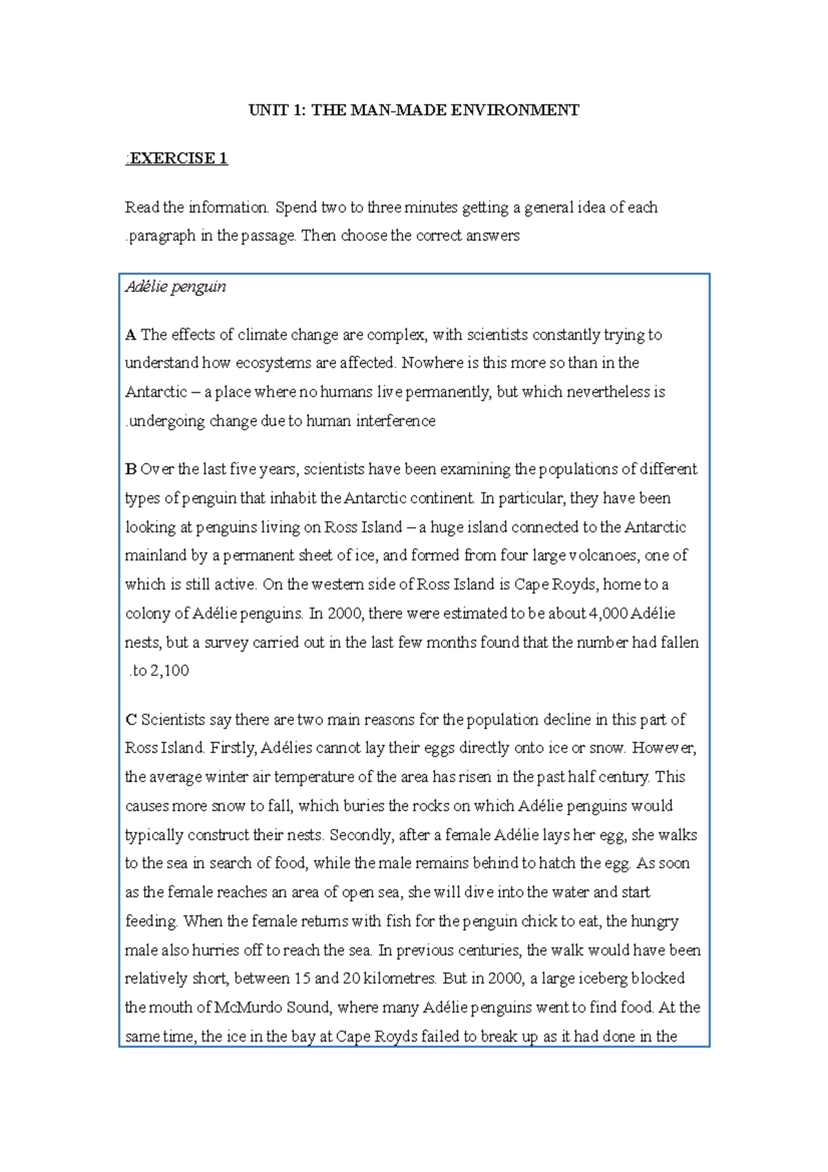Reading - UNIT 1 - UNIT 1: THE MAN-MADE ENVIRONMENT : EXERCISE 1 Read ...